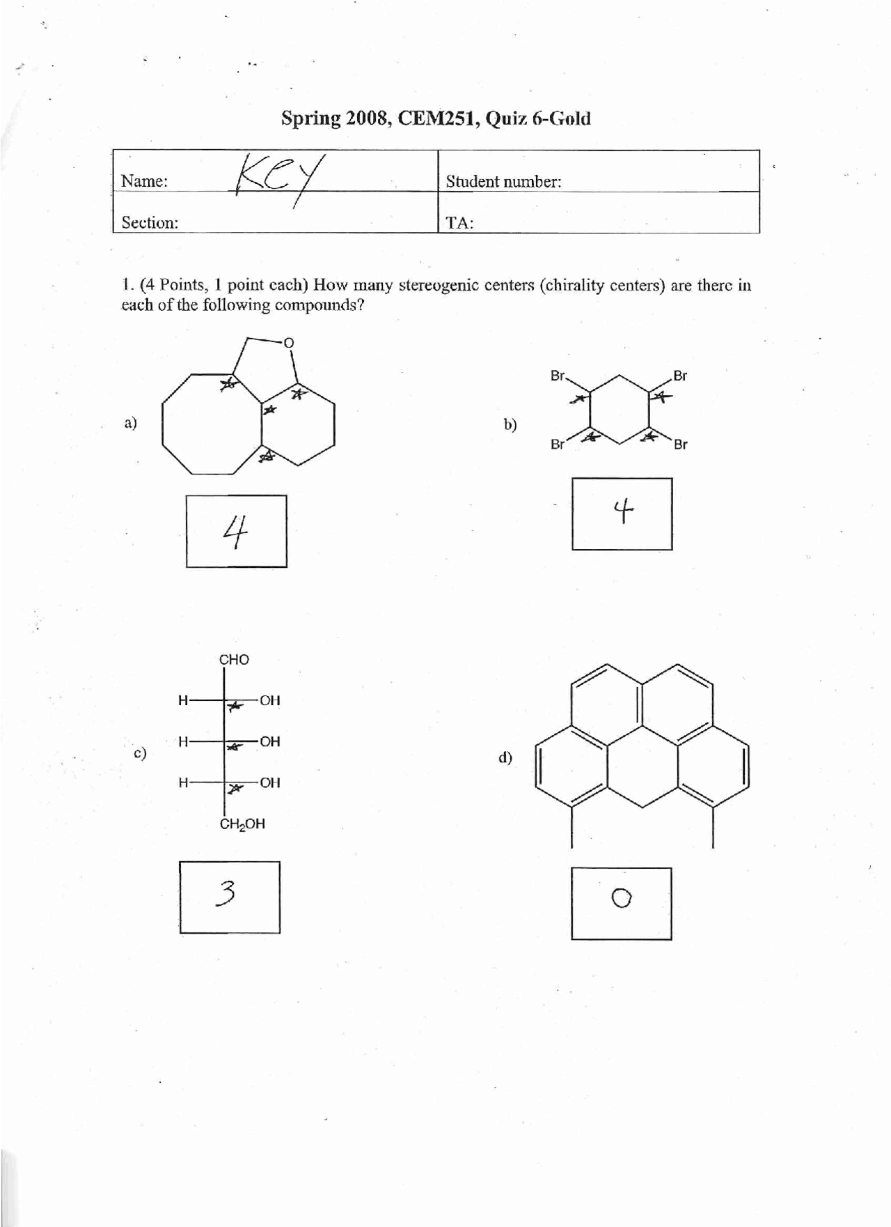 Quiz 6 Resolution Organic Chemistry I Spring 2008 Cem 251 Docsity
