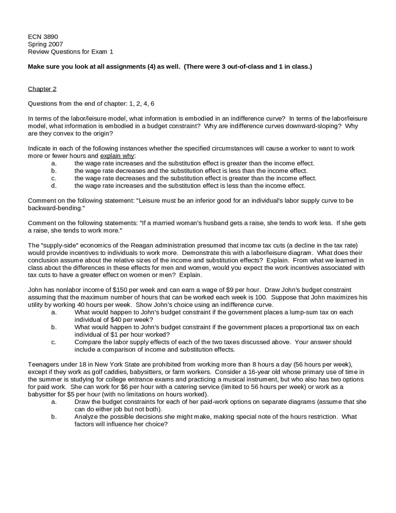 Review Questions For Exam 1 Labor Economics Ecn 3890 Docsity