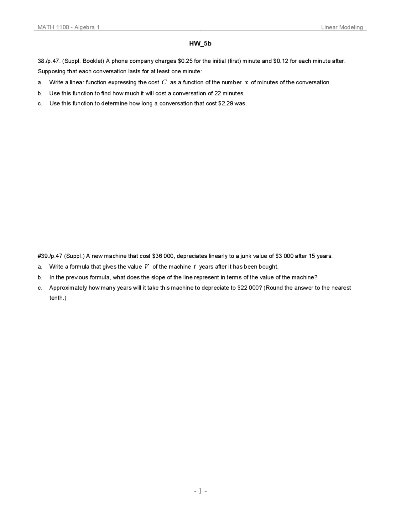 Homework 5 Questions Algebra I Math 1100 Docsity