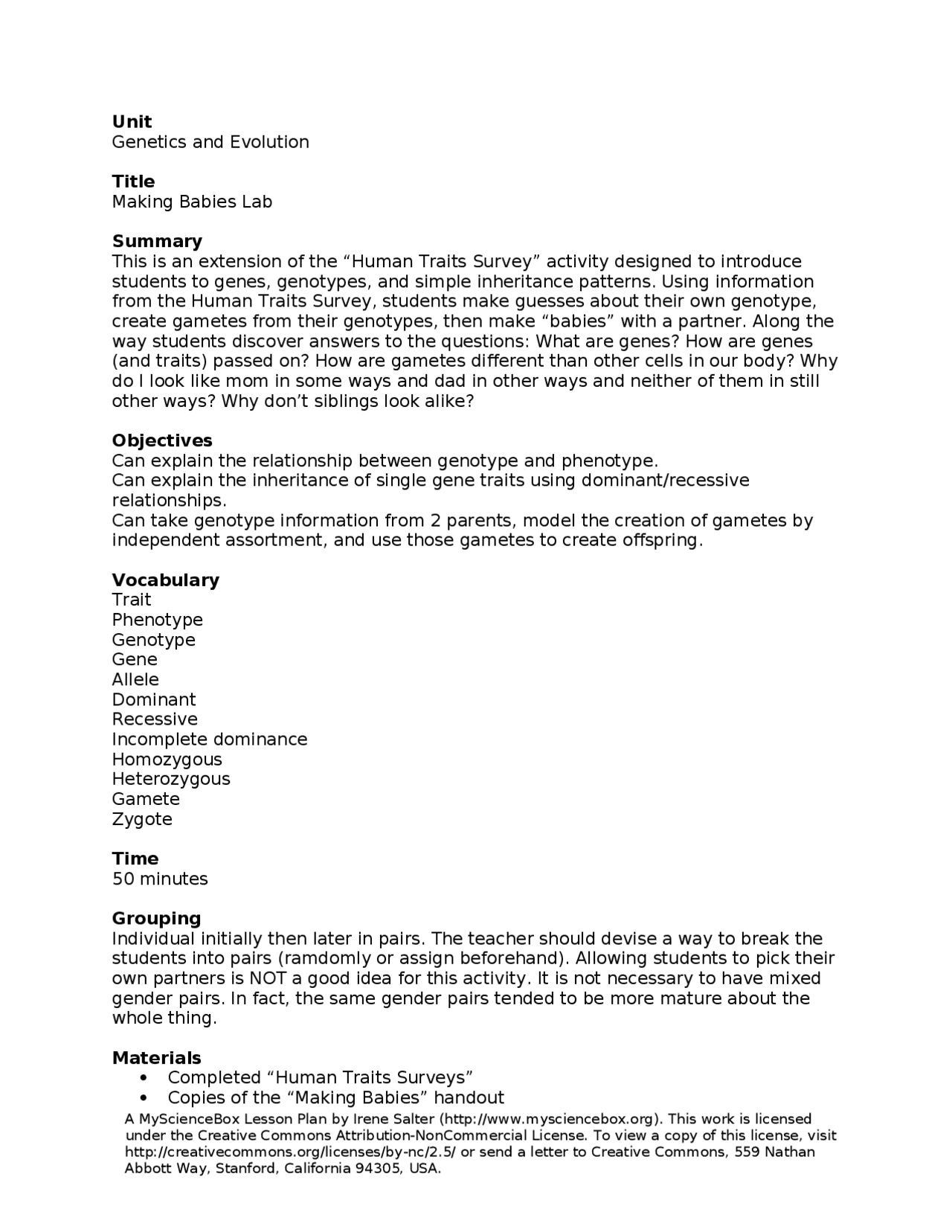 Genetics and Evolution - Making Babies Lab | TE 802 - Docsity