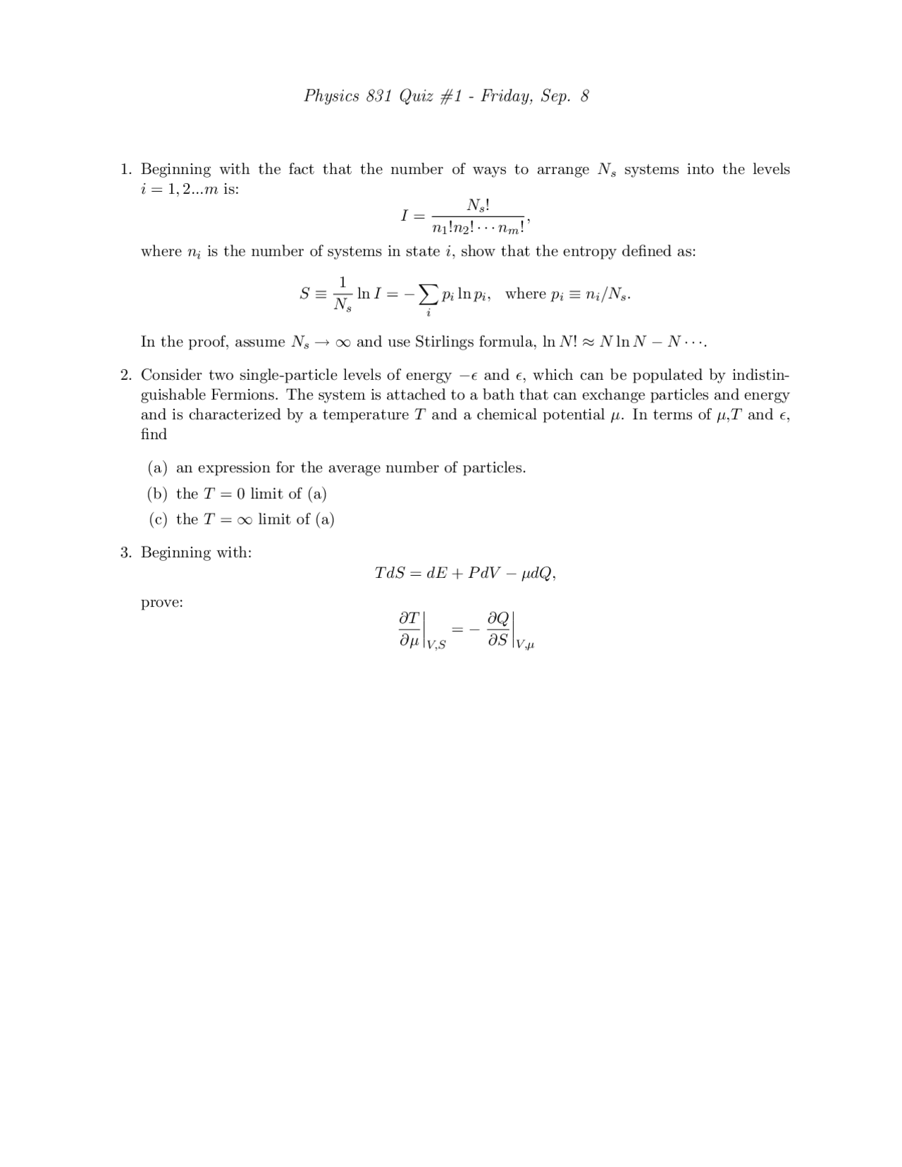 Practice Quiz 1 - Statistical Mechanics | PHY 831 - Docsity
