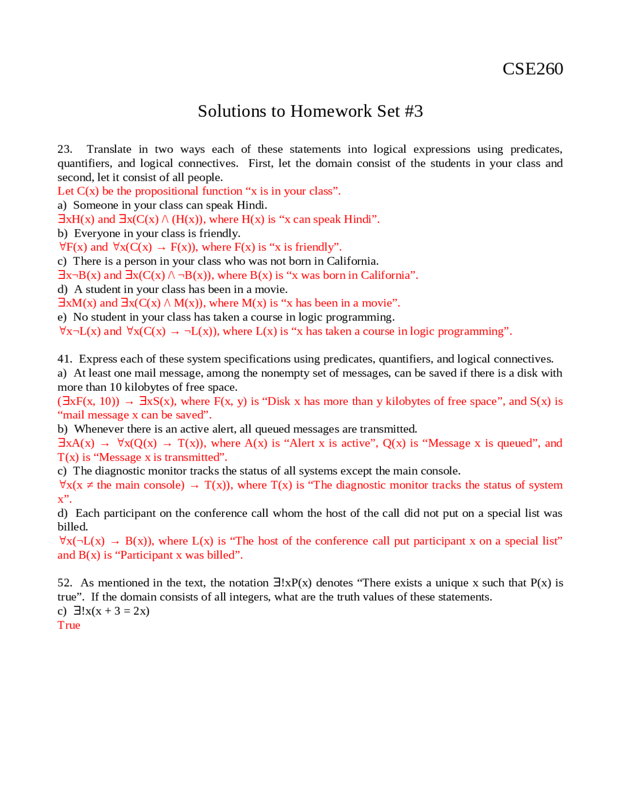 Solved Problems on Propositional Functions - Homework 3 | CSE 260 | Assignments Discrete ...