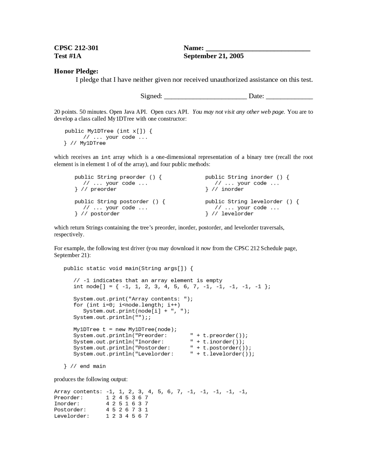 Practice Exam 1 Version A Algorithms Data Structures Cp Sc 212 Docsity