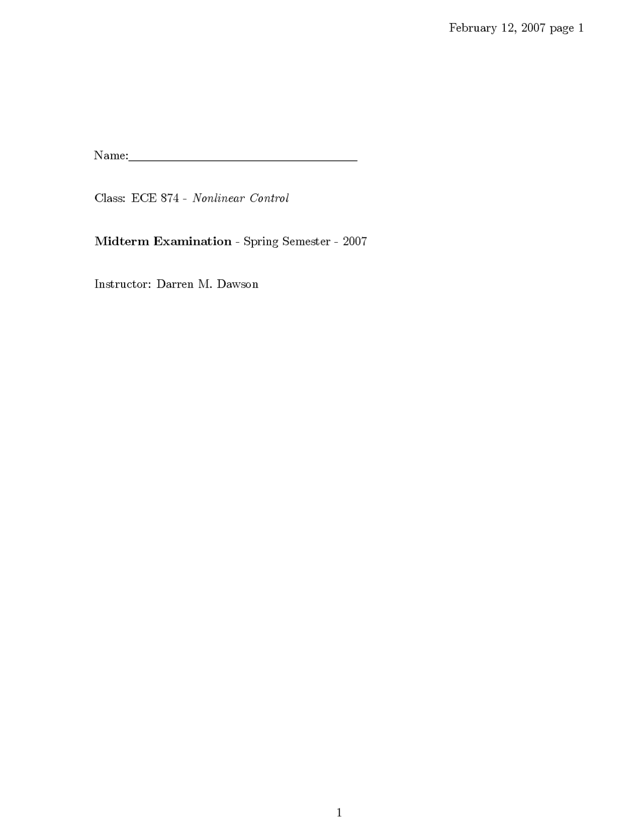 Midterm Exam Advanced Nonlinear Control E C E 874 Docsity