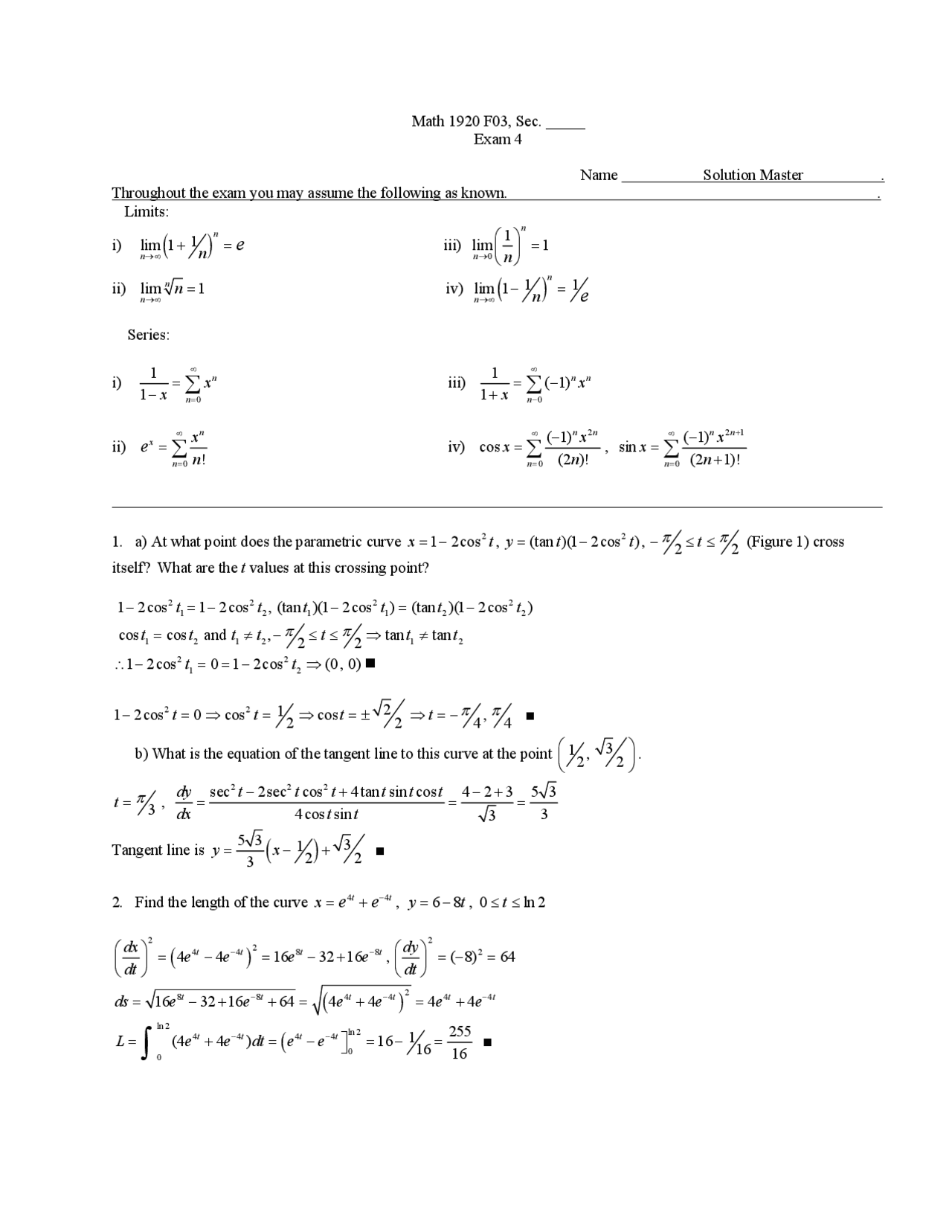Examination 4 Find Limits Calculus Ii Math 1920 Exams Calculus