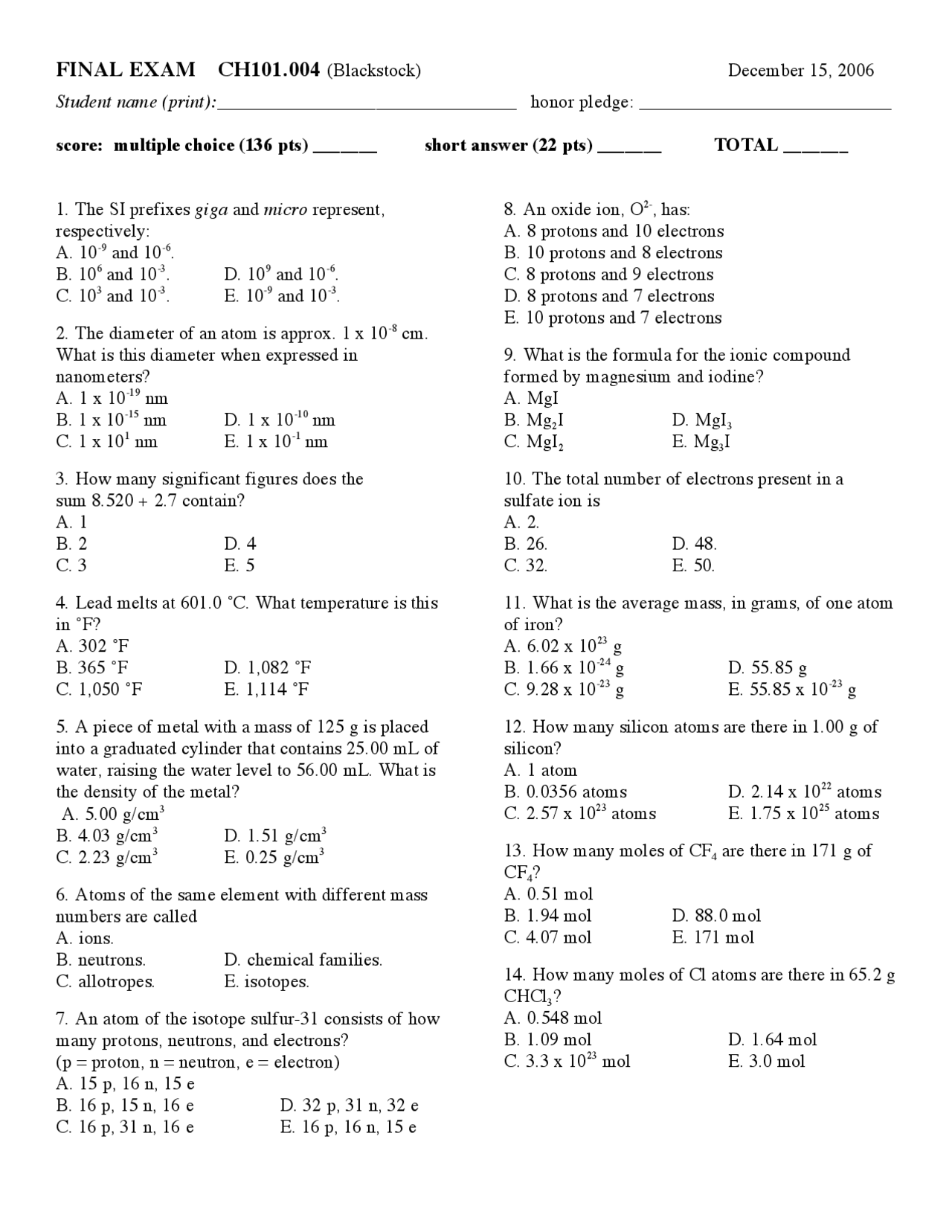 Past Final Exam on General Chemistry - Fall 2006 | CH 101 | Exams ...
