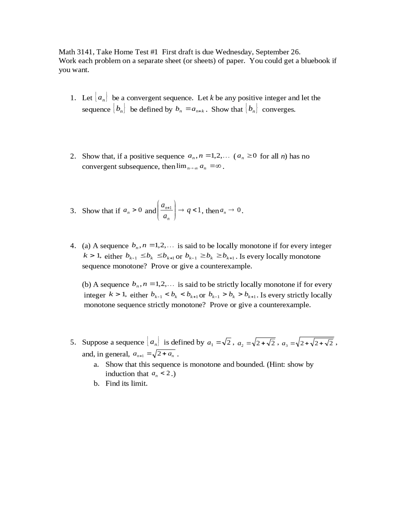Take Home Test 1 | Advanced Calculus of One Variable | MATH 3141 - Docsity