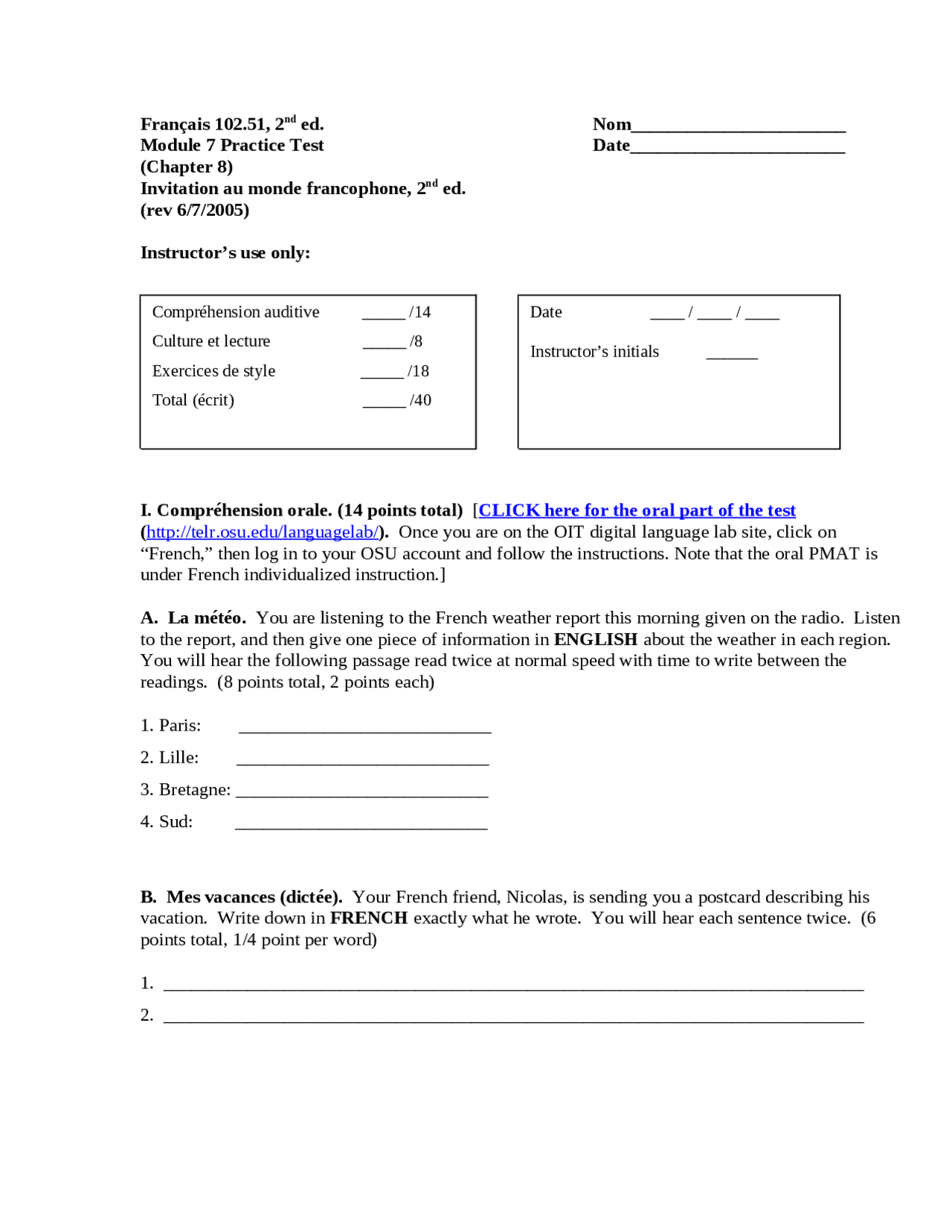 Module 7 Practice Test Classroom Track French 102 Docsity