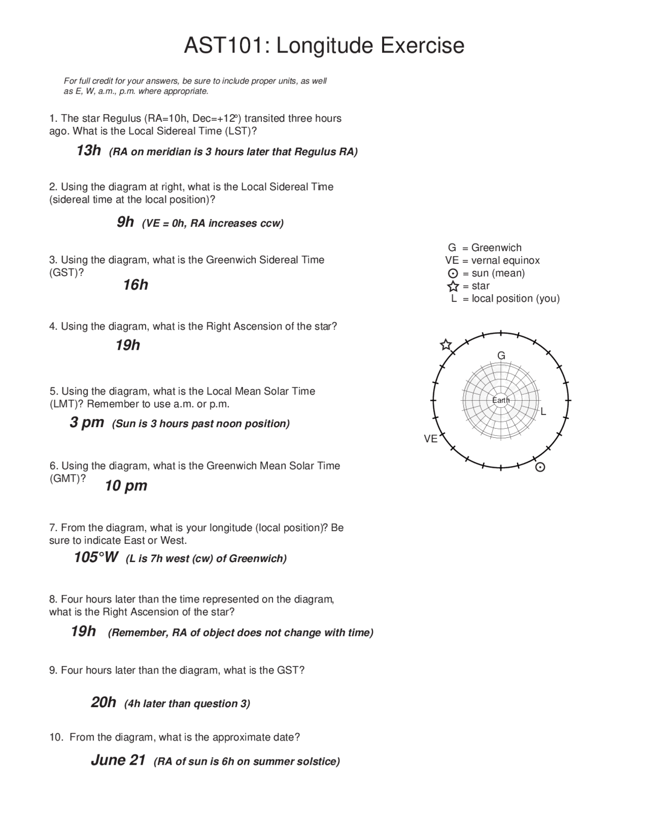 Longitude Exercise The Celestial Clockworks Ast 101 Docsity