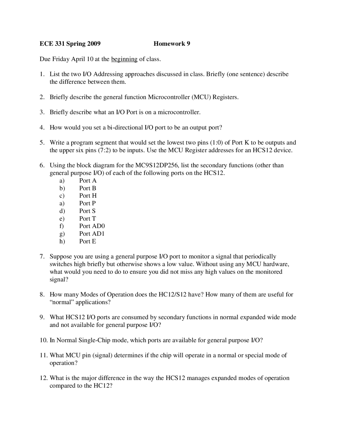 Assignment 9 Questions Microprocessors And Digital System Ece 331 Docsity