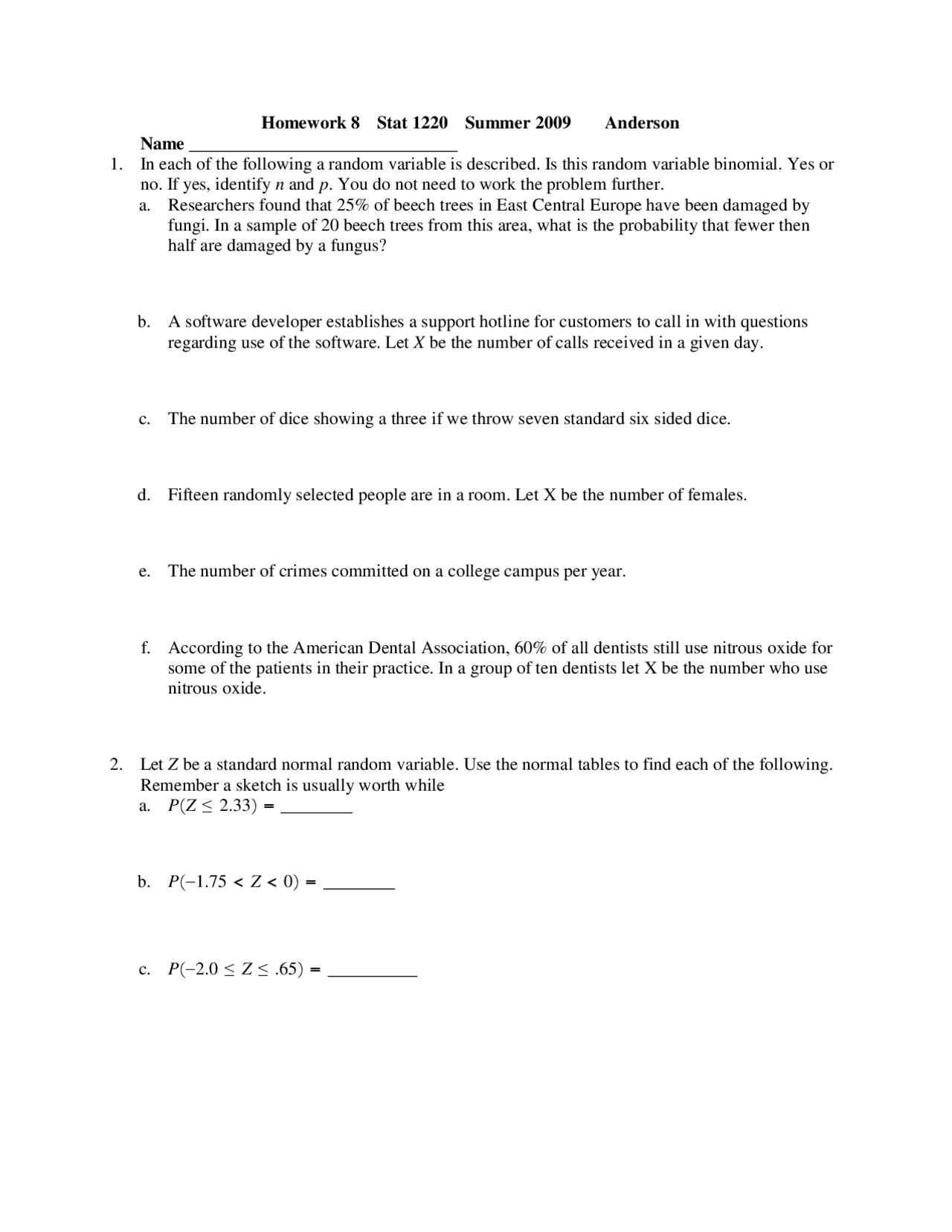 Assignment 8 Elements Of Statistics I Stat 1220 Docsity