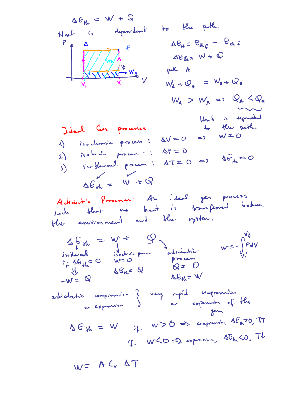 Handwritten Notes on Ideal Gas Processes | PHYS 3101 - Docsity