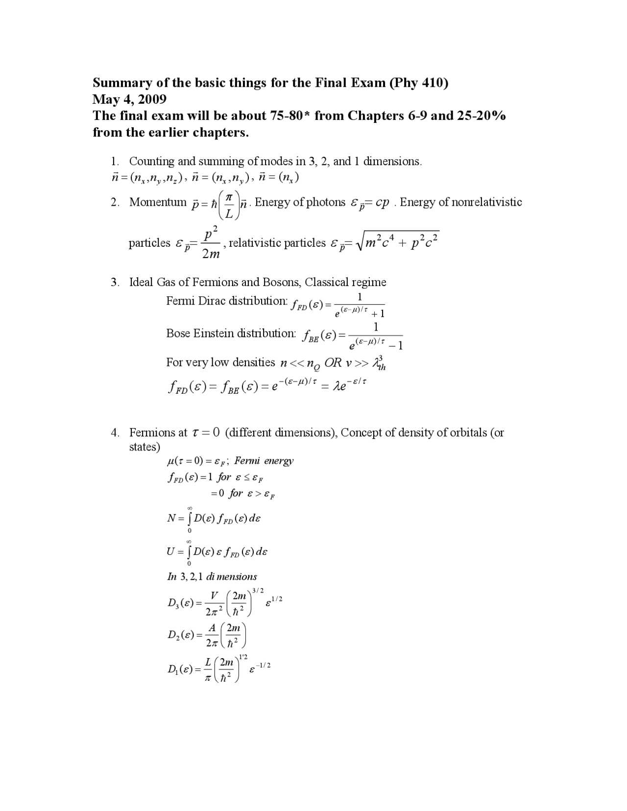Final Exam Thermal And Statistical Physics Phy 410 Docsity