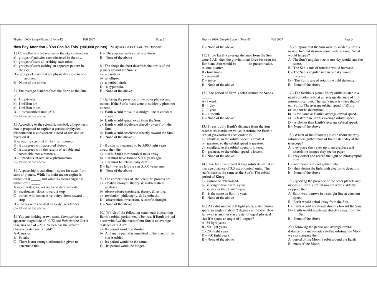 Sample Exam 1 Form K Introduction To Stars And Galaxies Phys 1060