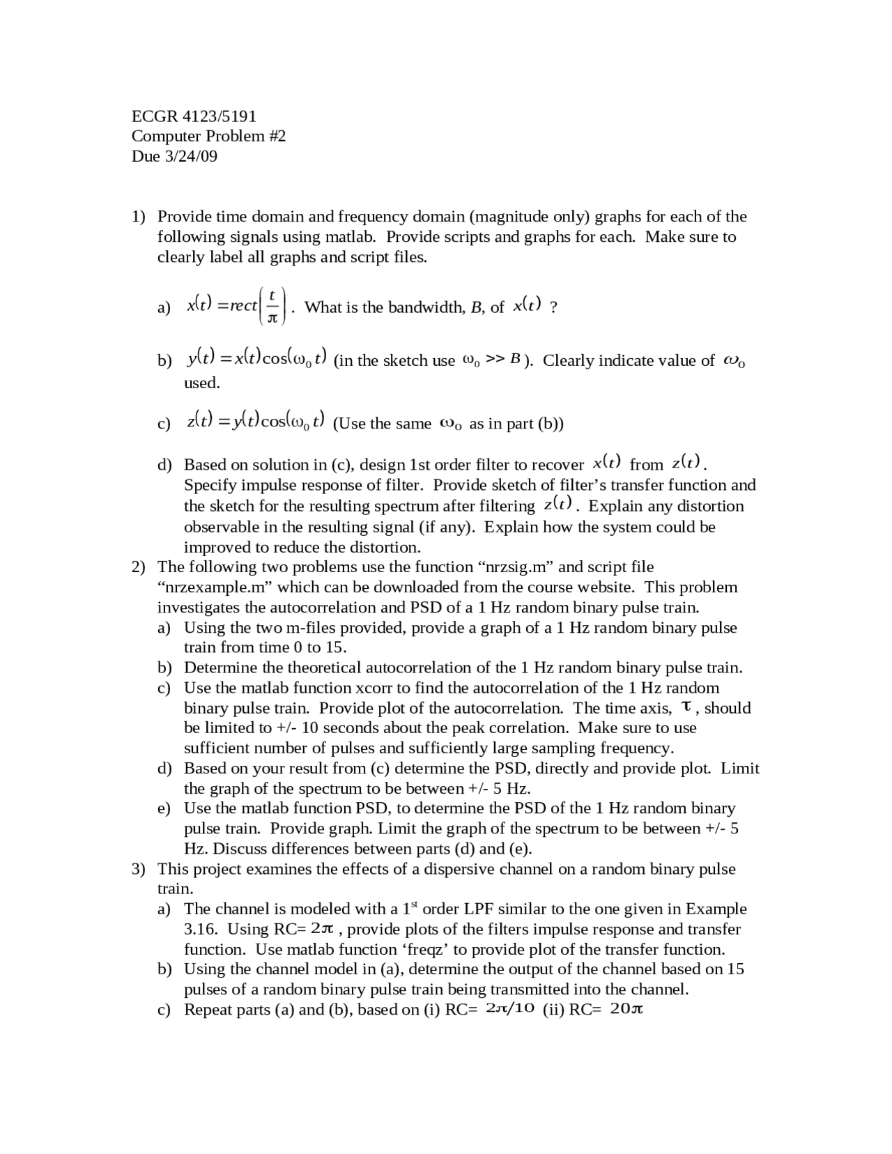 Analog And Digital Communication Problem Set 2 Ecgr 4123 Docsity