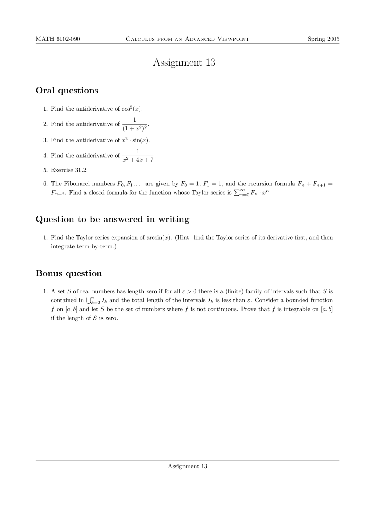 Assignment 13 Calculus From An Advanced Viewpoint Math 6102 Docsity