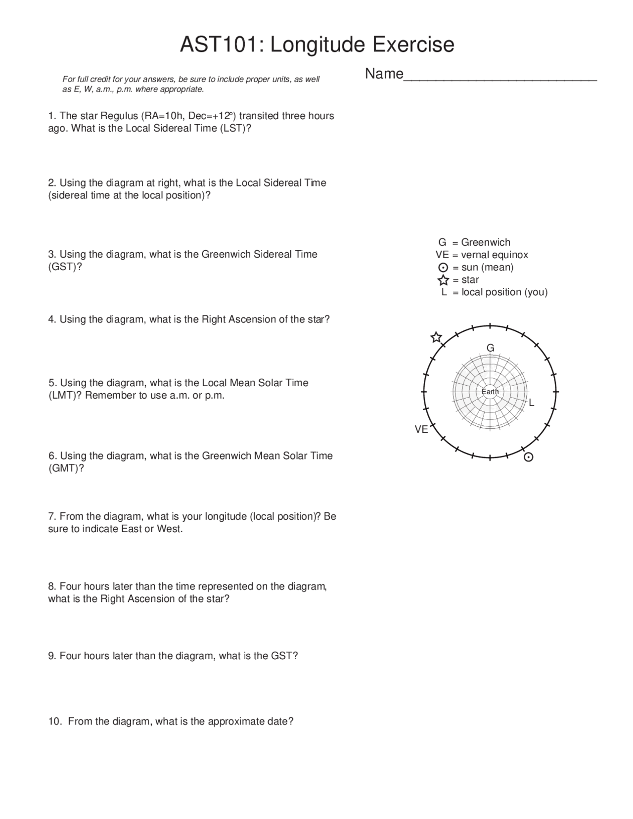 Longitude Exercise The Celestial Clockworks Ast 101 Docsity