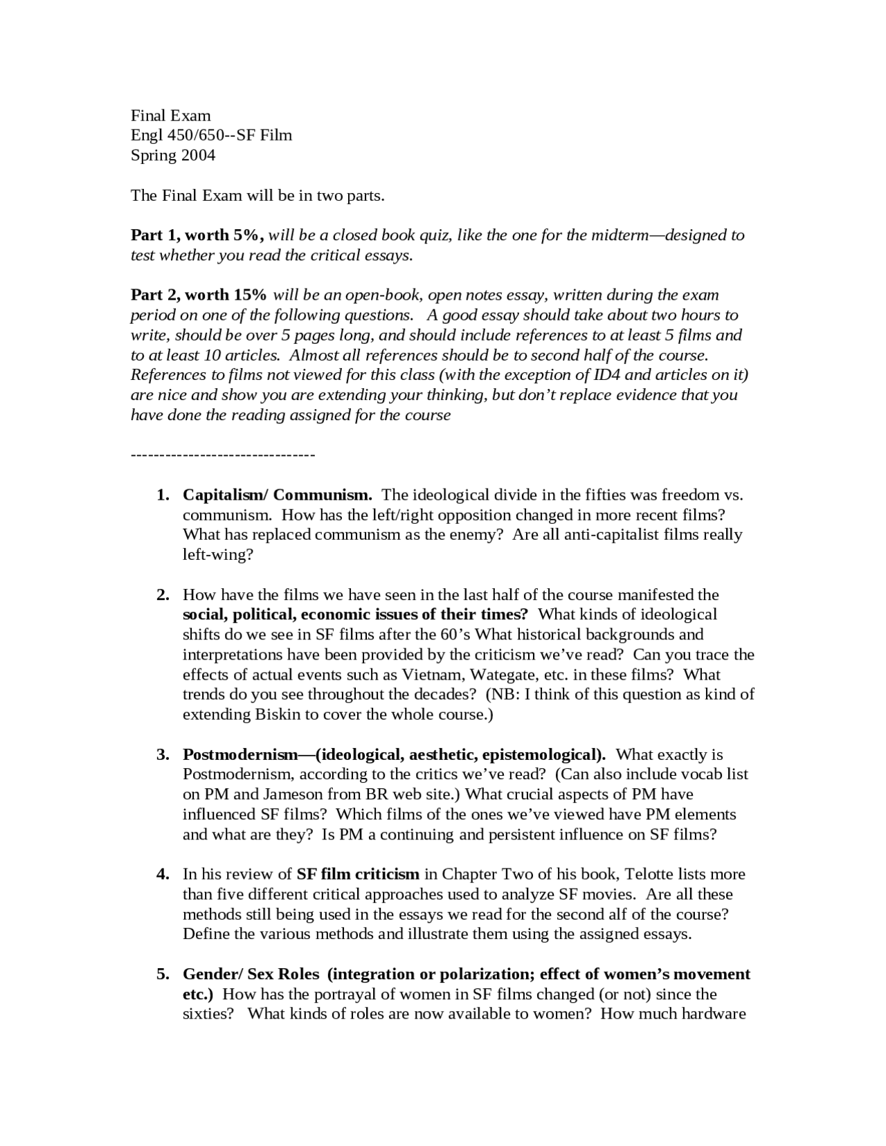 11 Problems on Film Genres - Final Examination | ENGL 450 - Docsity