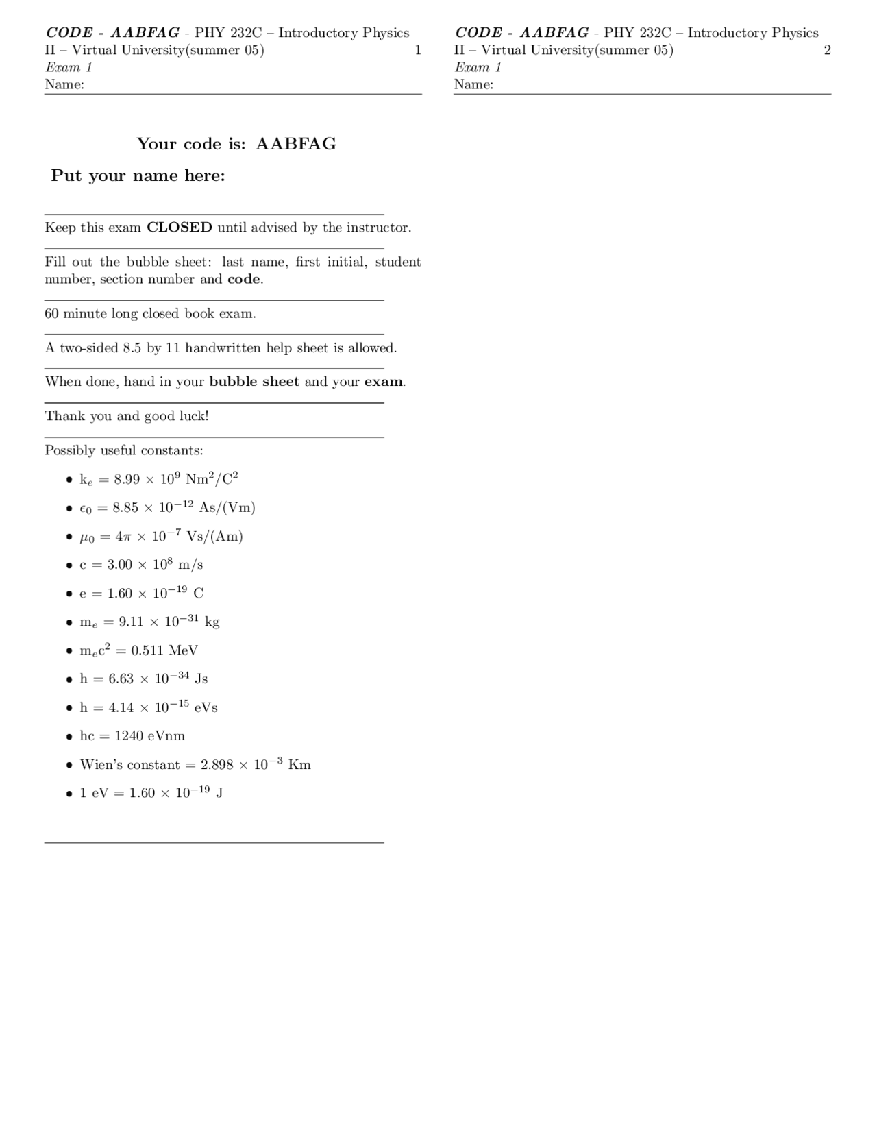 Exam 1 With Questions Introductory Physics Ii Phy 232 Docsity