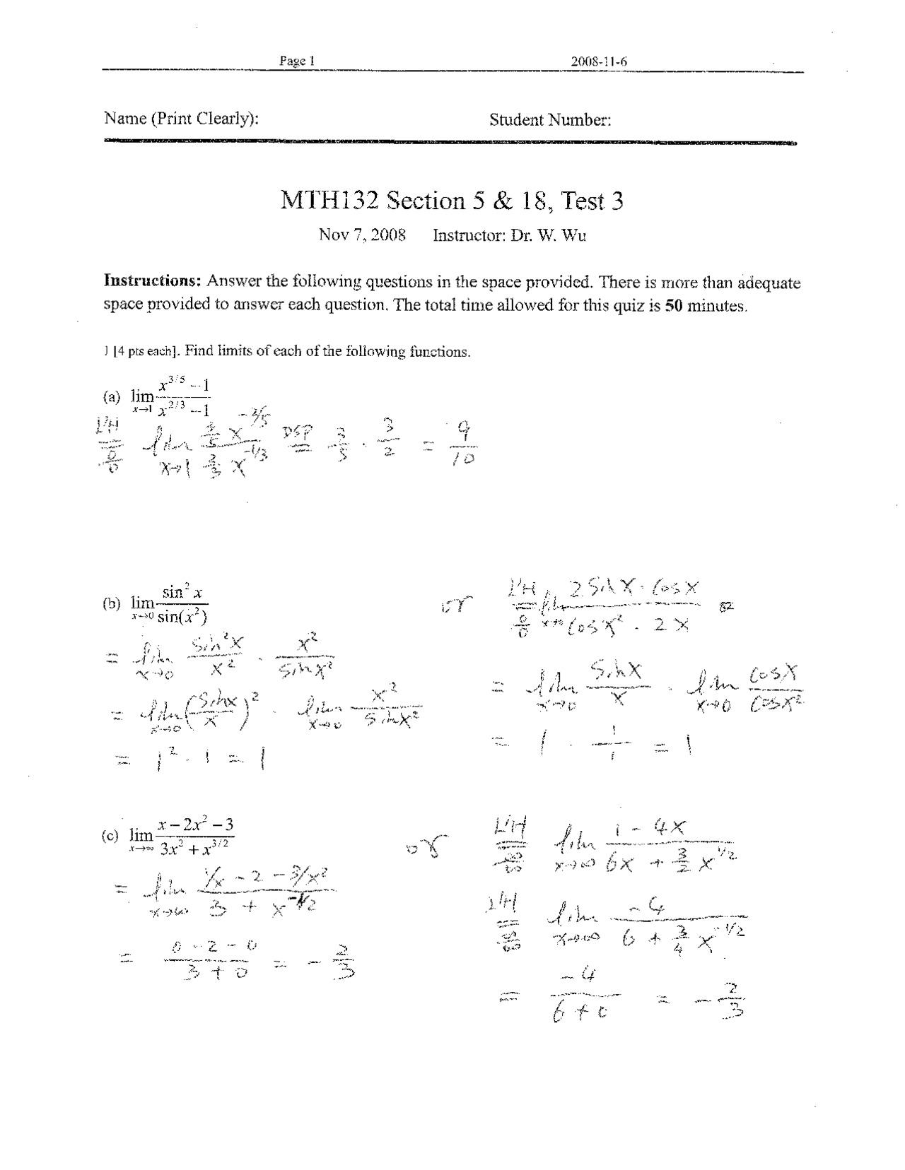 Solved Test 3 Key Calculus I Mth 132 Docsity