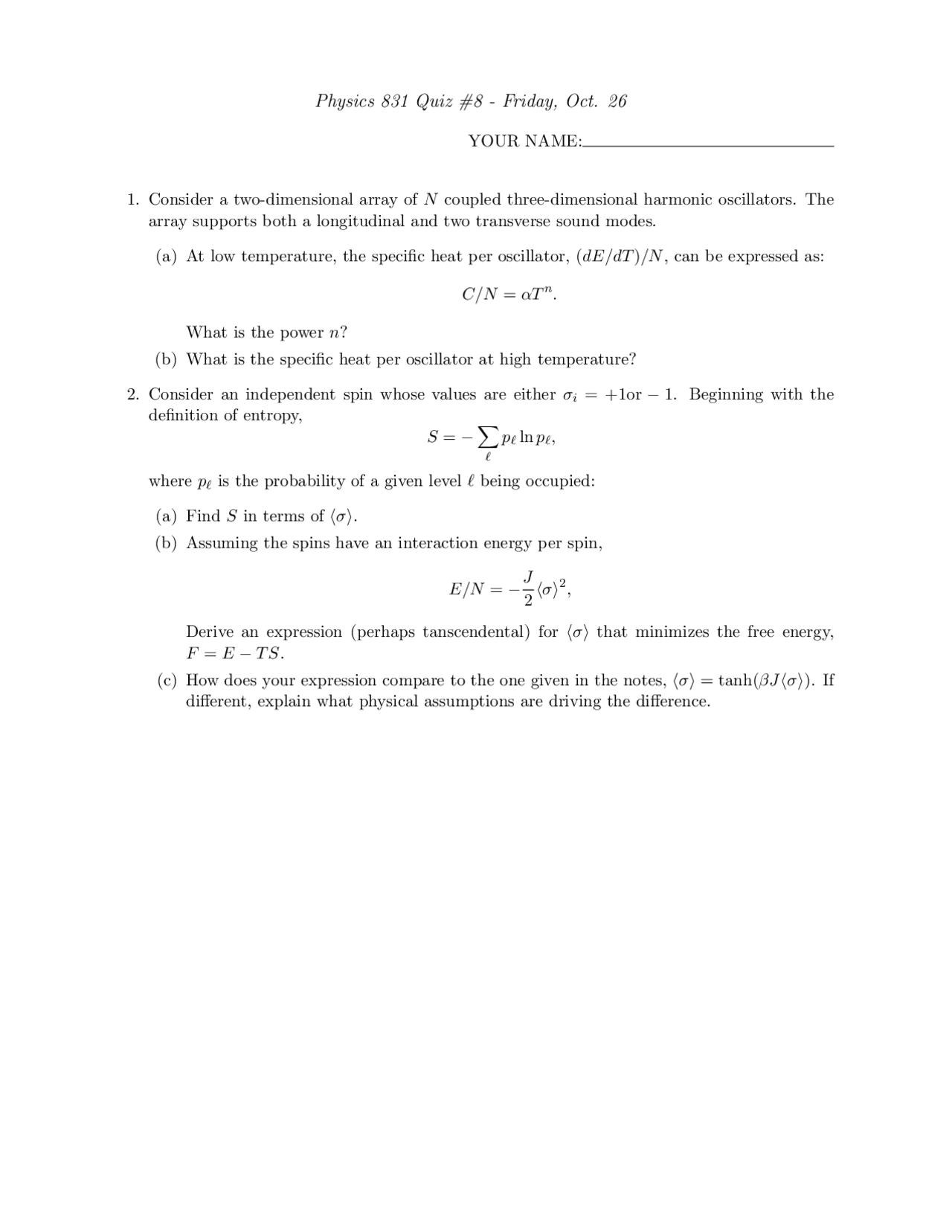 Practice Quiz #8 - Statistical Mechanics | PHY 831 - Docsity