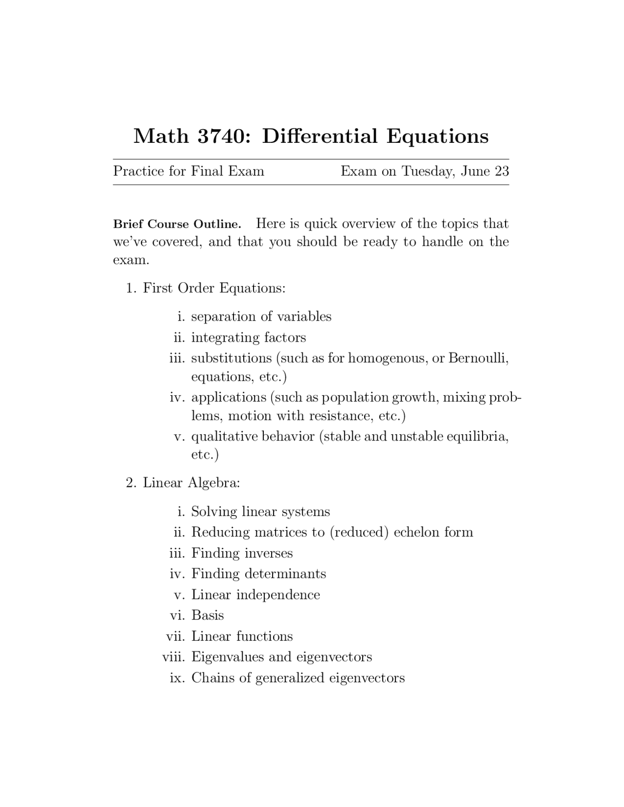 Questions For Final Exam Differential Equations Linear Algebra Math