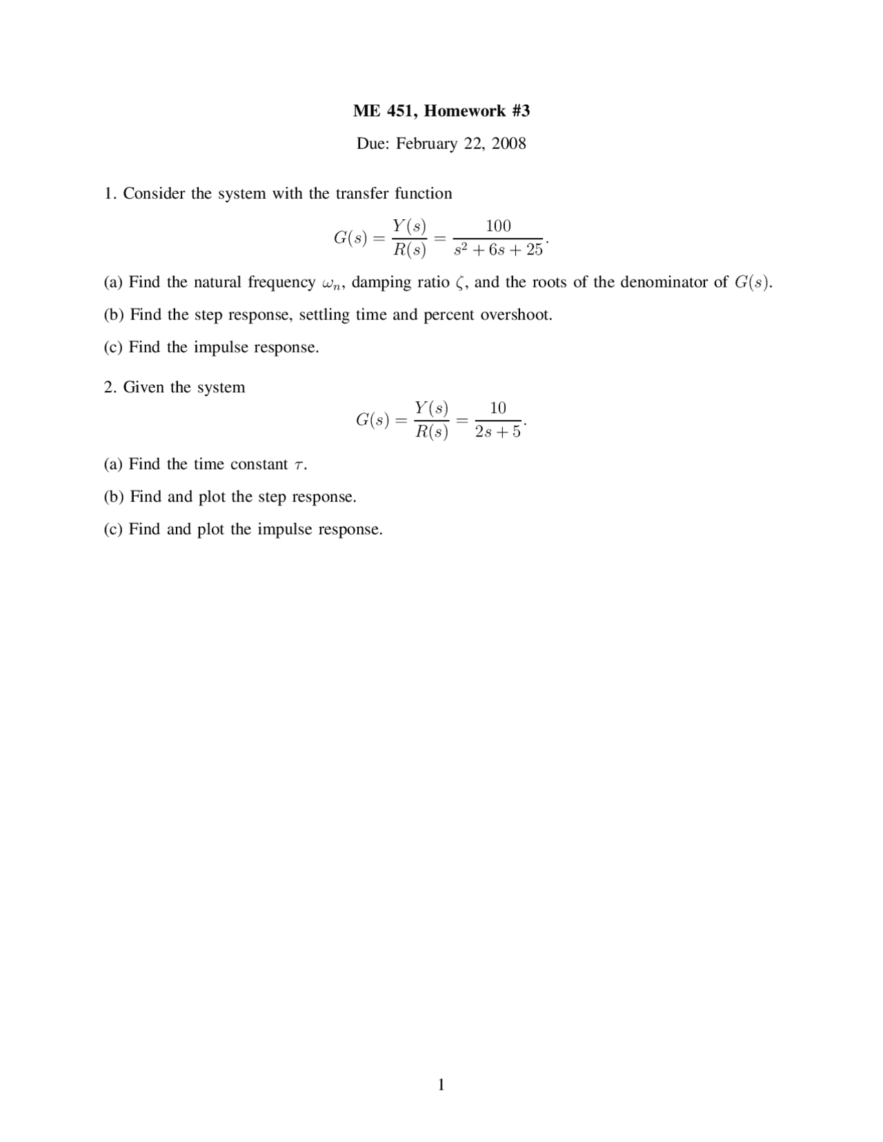 Control Systems Homework 3 Fall 2008 Me 451 Docsity