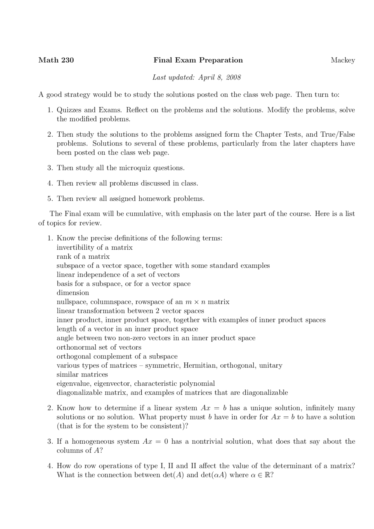 Questions on Elementary Linear Algebra for Final Exam | MATH 2300 - Docsity