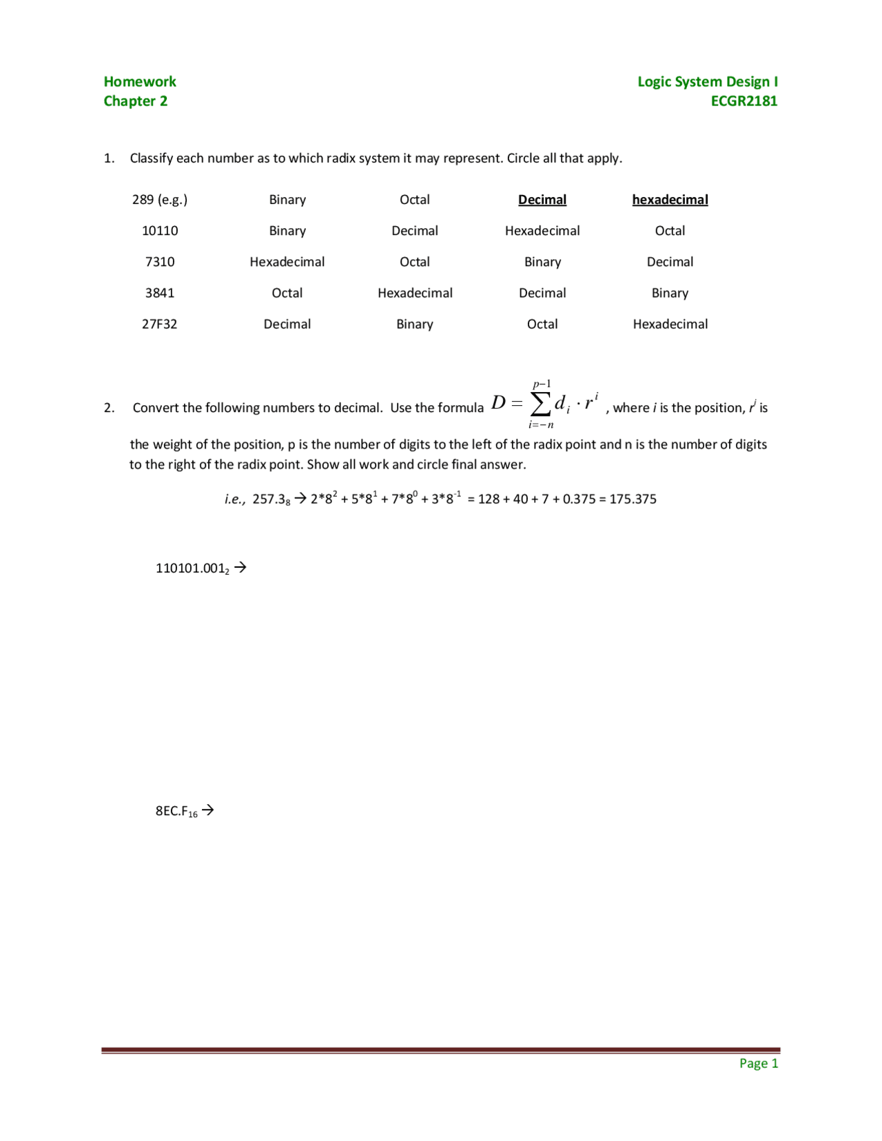 Practice Homework Logic System Design I Ecgr 2181 Docsity
