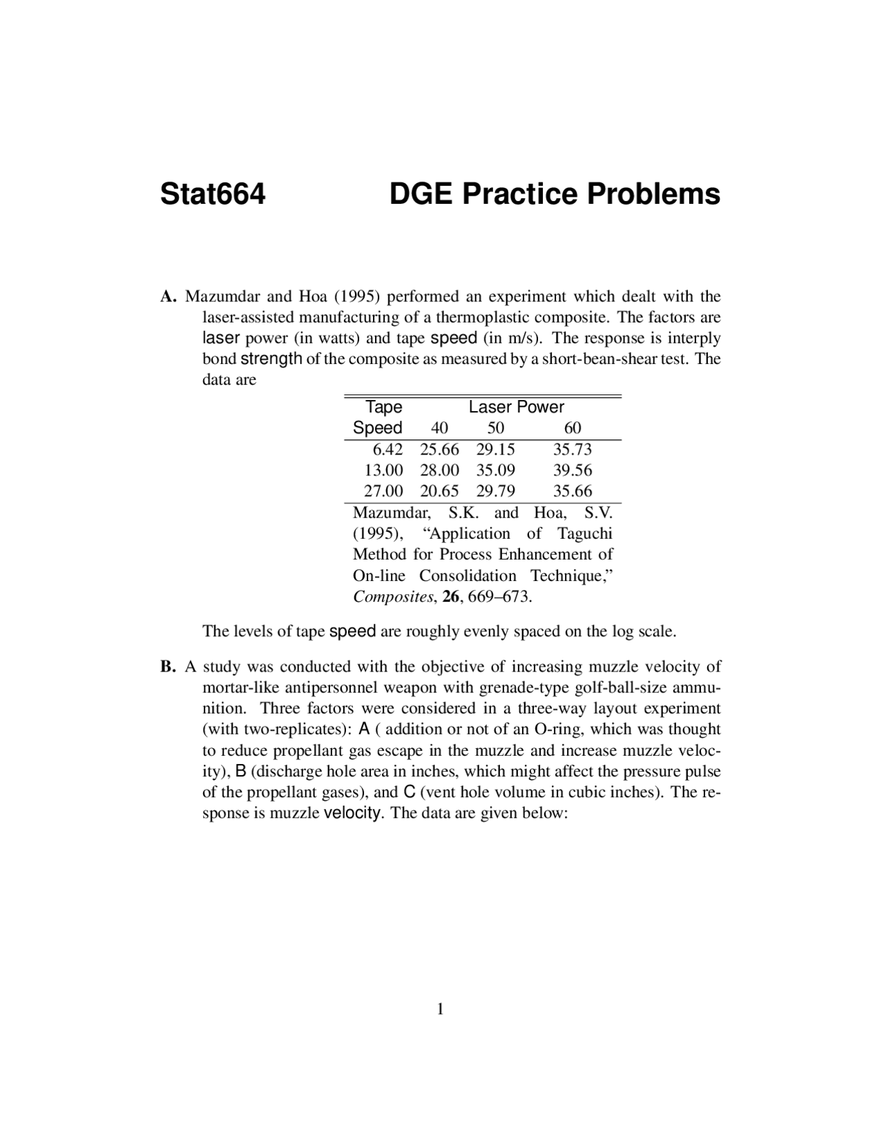 Dge Practice Problems Design Of Experiments I Stat 6640 Docsity
