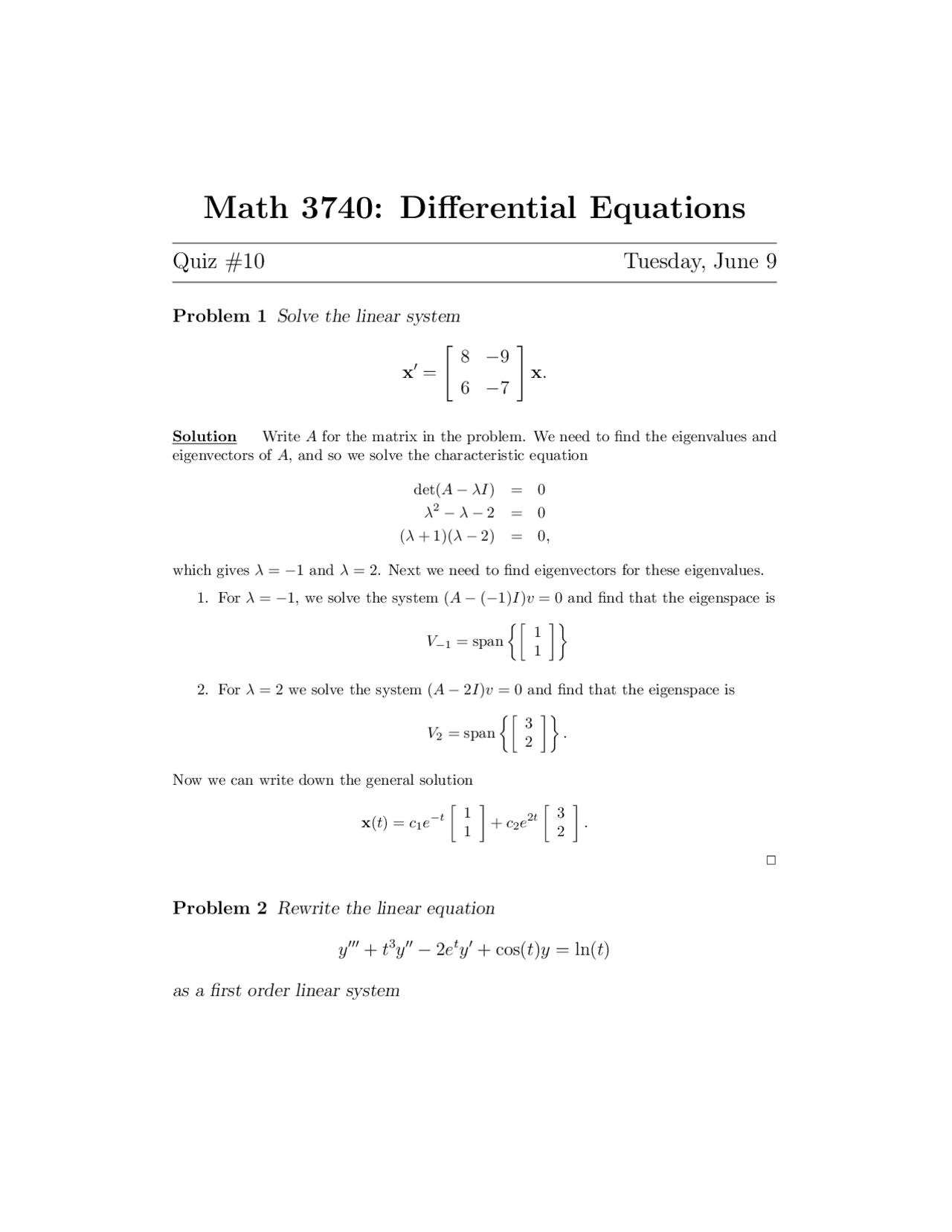 Quiz 10 Problems With Solutions Differential Equations Math 3740