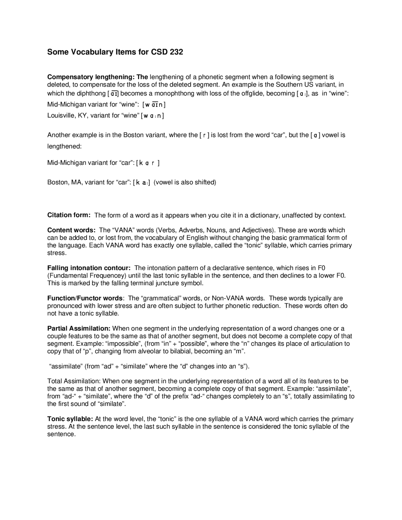 Vocabulary for Descriptive Phonetics | CSD 232 - Docsity