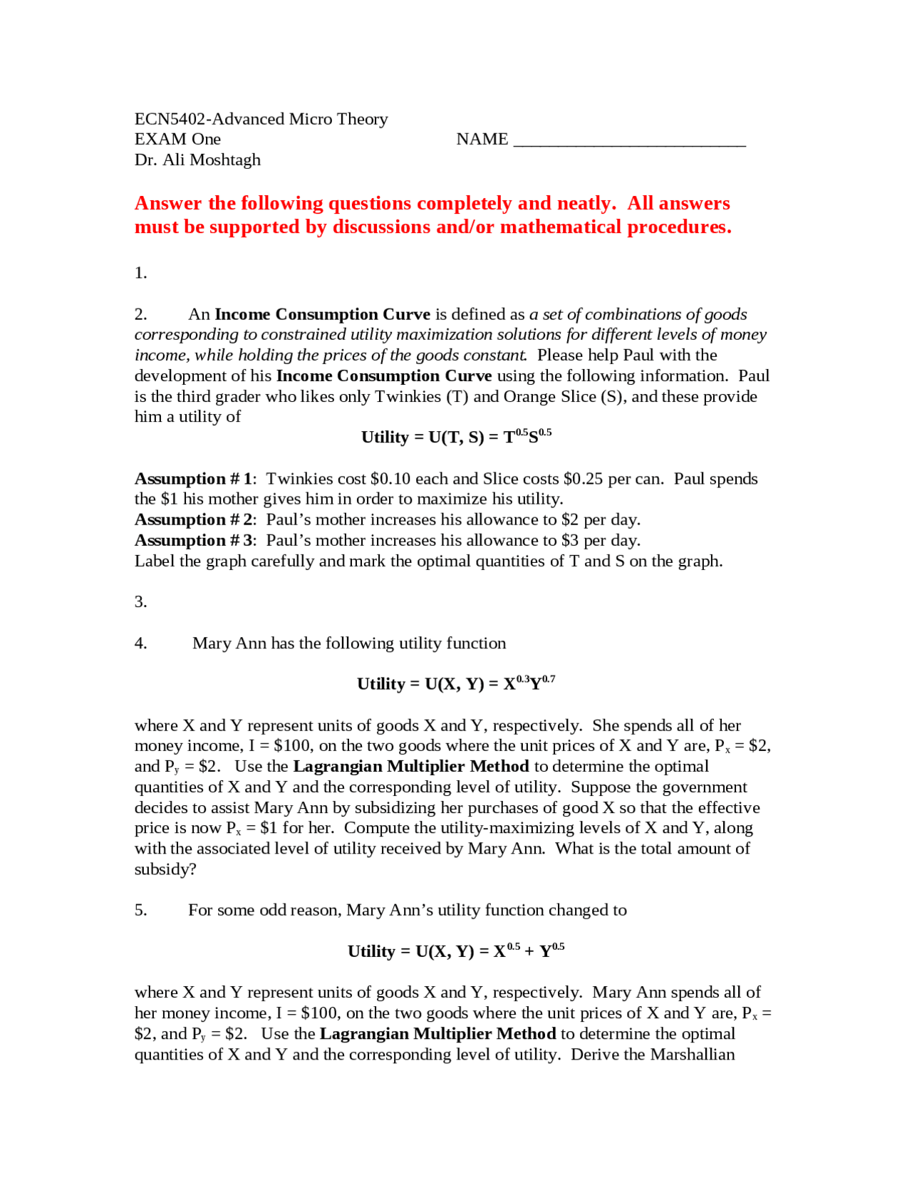 Exam 1 With Answers Advanced Microeconomics Theory Ecn 5402 Docsity