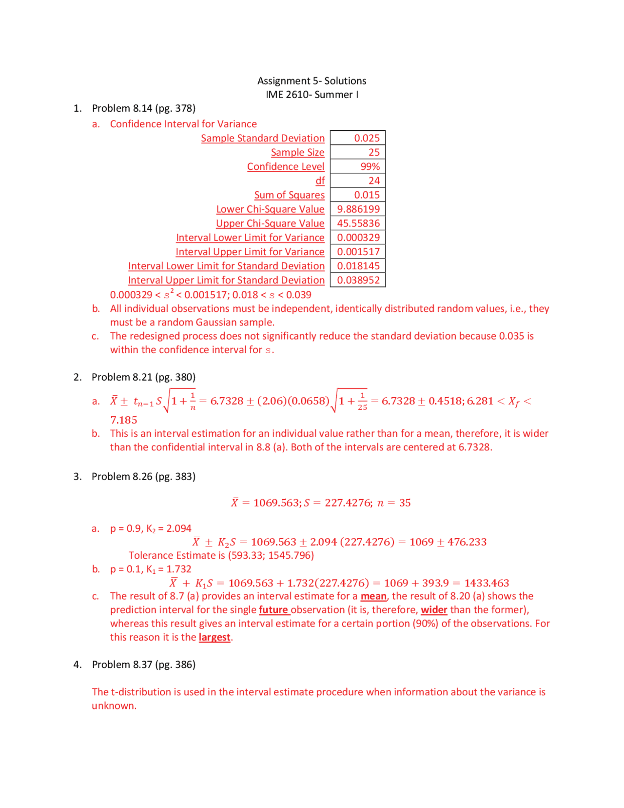 Statistics Assignment Solutions for IME 2610 - Summer I - Prof. Steven E. Butt | Assignments ...