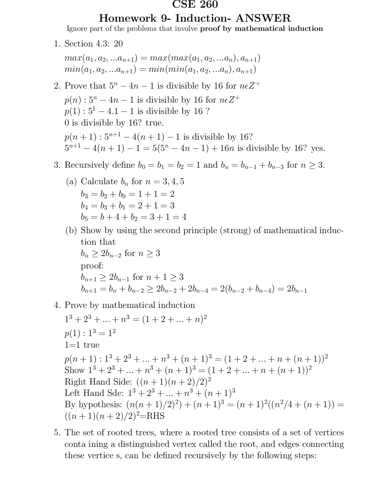 Induction Homework 9 With Answers Discrete Structures Cse 260 Docsity