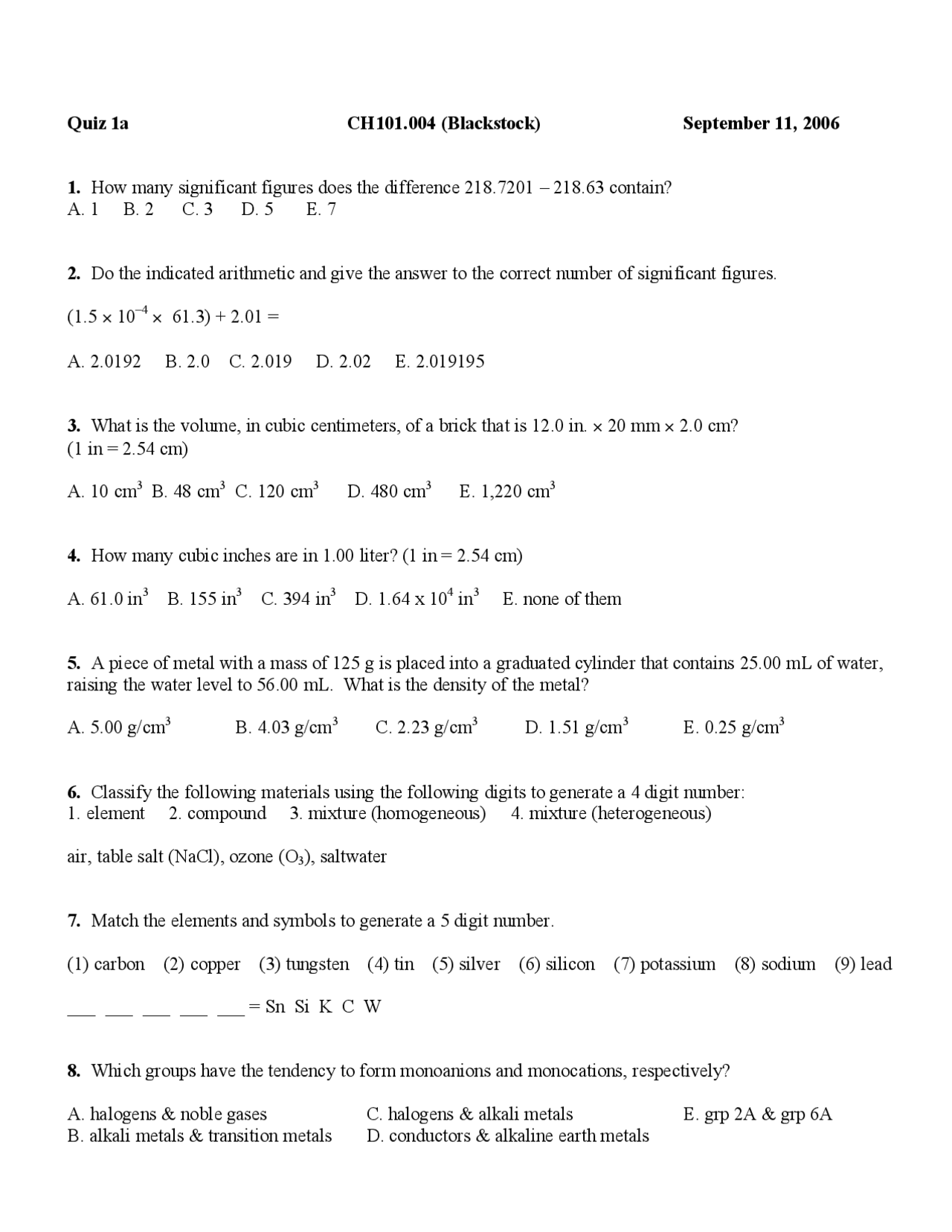 20 Questions For Quiz 1 General Chemistry Ch 101 Docsity