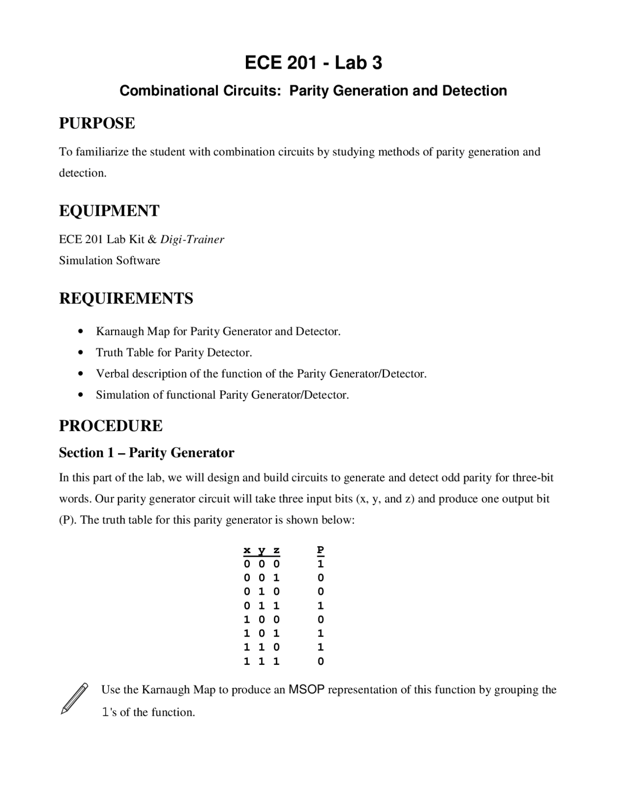 Combinational Circuits Parity Generation And Detection Lab 3 E C E