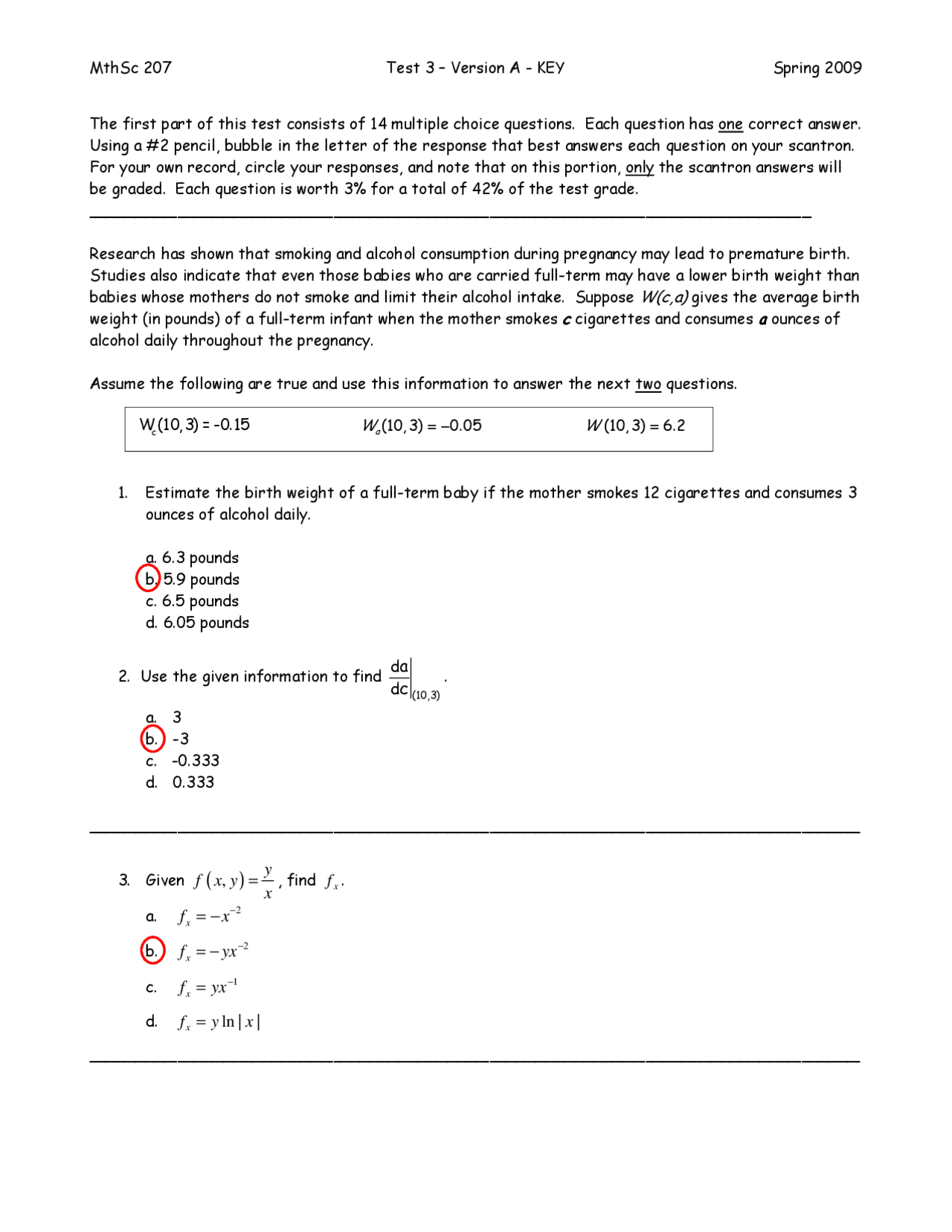 Practice Test 3 With Answer Key Multivariable Calculus Mthsc 207