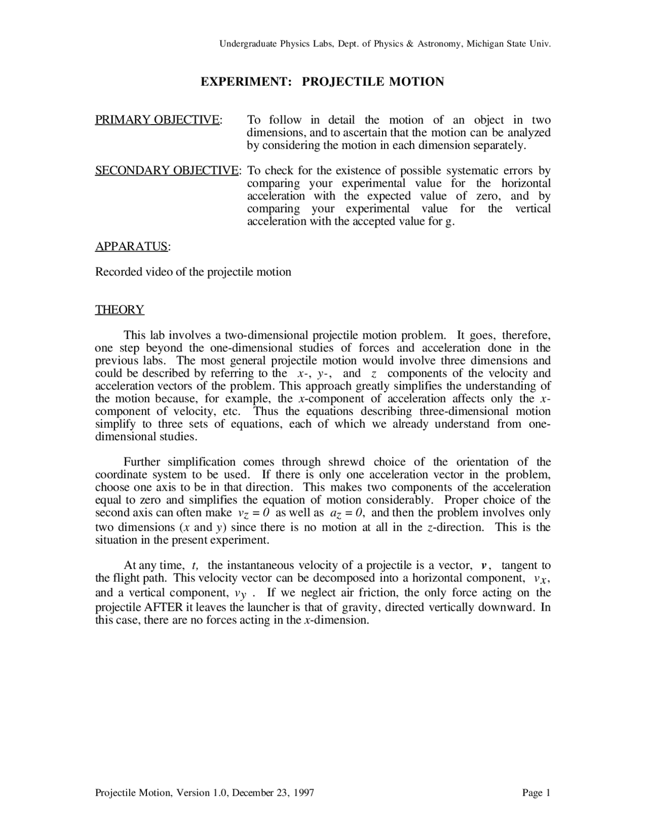 Projectile Motion Introduction To Physics Lab I Phy 251 Docsity