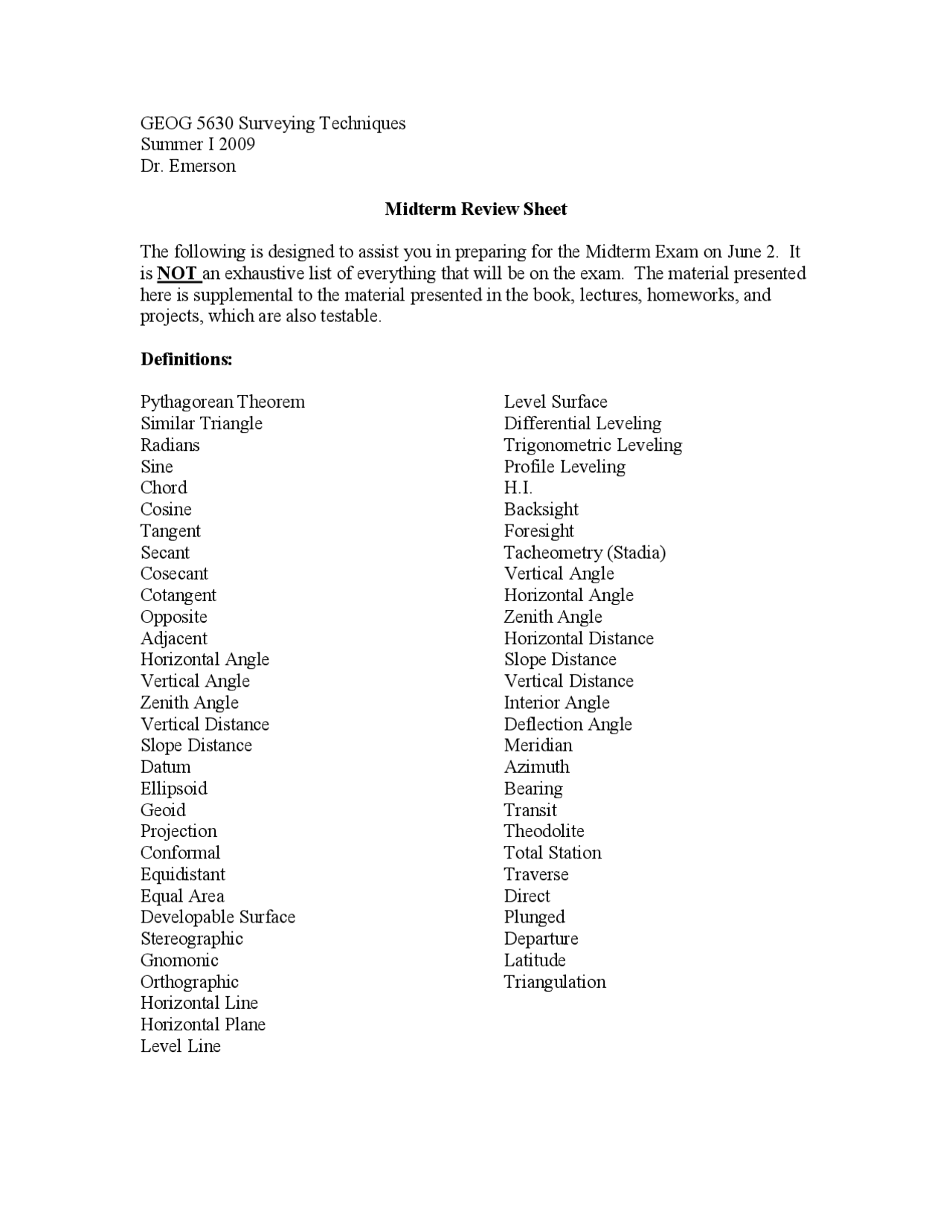 Midterm Review Sheet For Surveying Techniques Geog 5630 Docsity