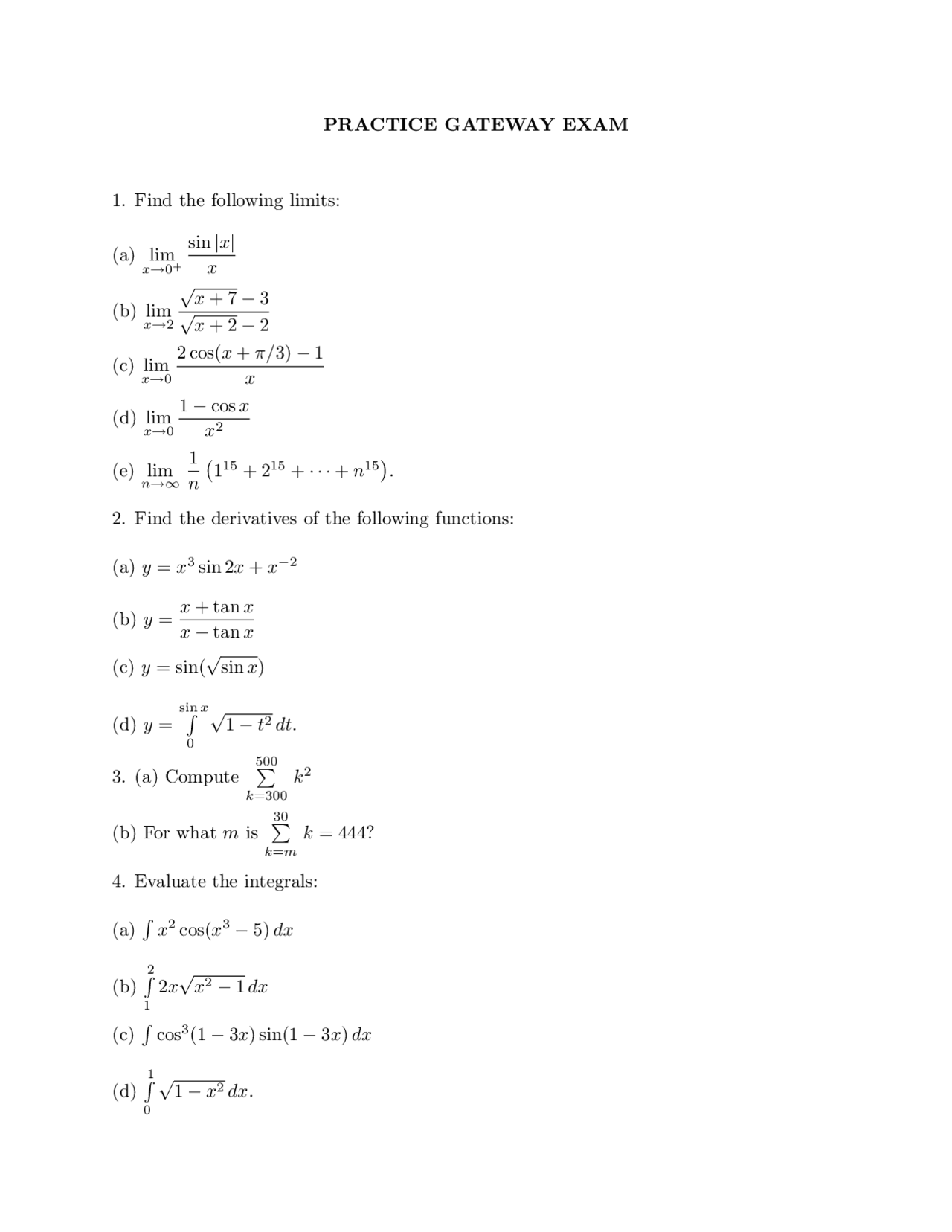 Practice Gateway Exam Questions Calculus Ii Math 1230 Docsity