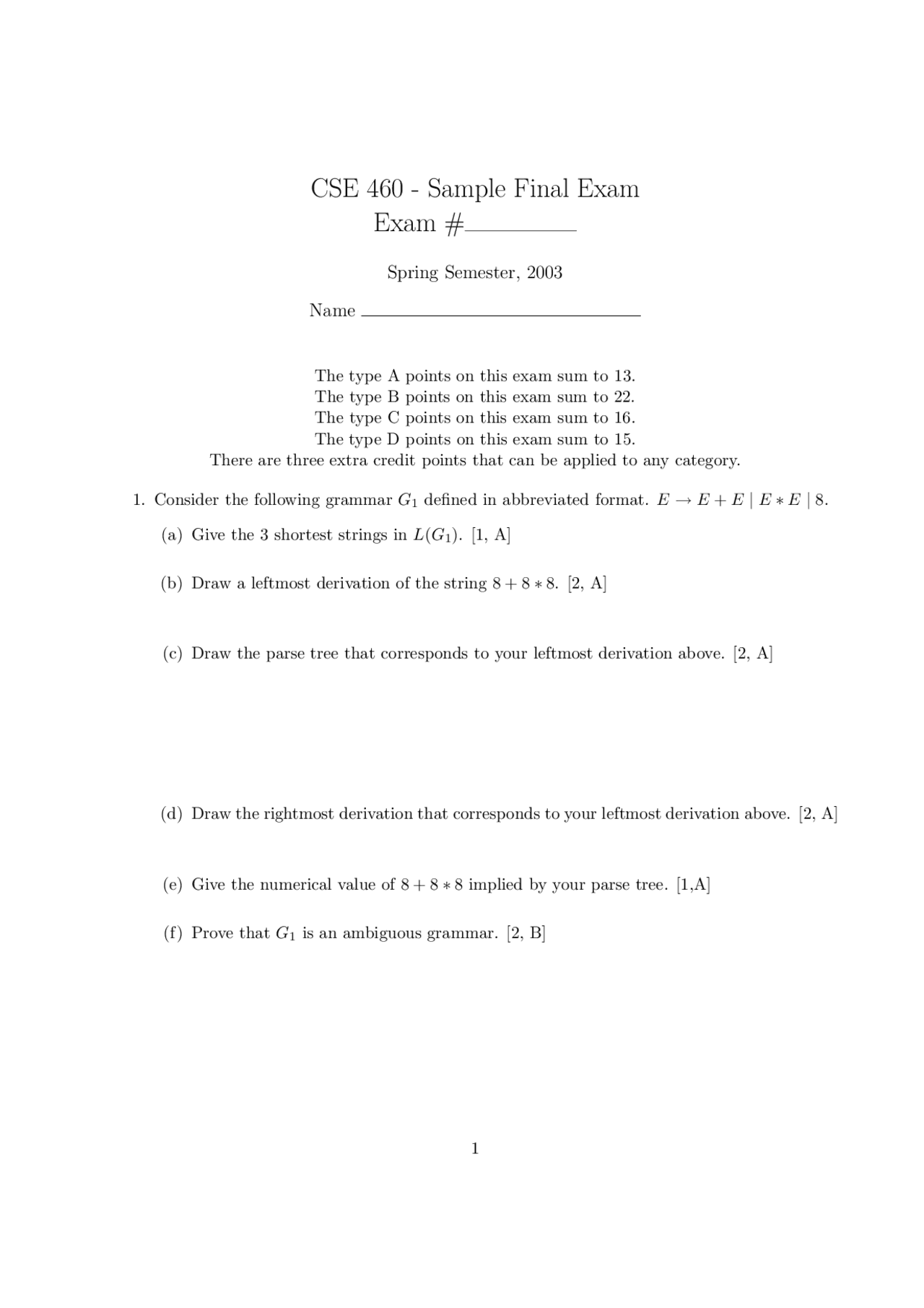 Sample Final Exam Computability And Languages Cse 460 Docsity