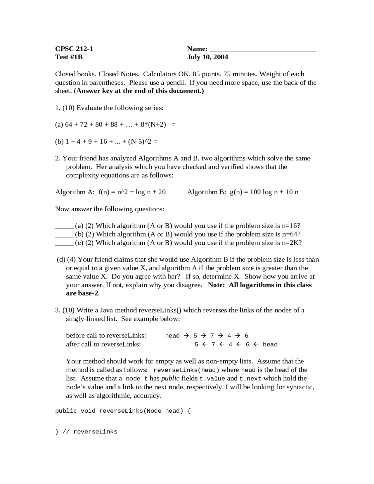 Exam 1 With Solution For Algorithms And Data Structures Cp Sc 212