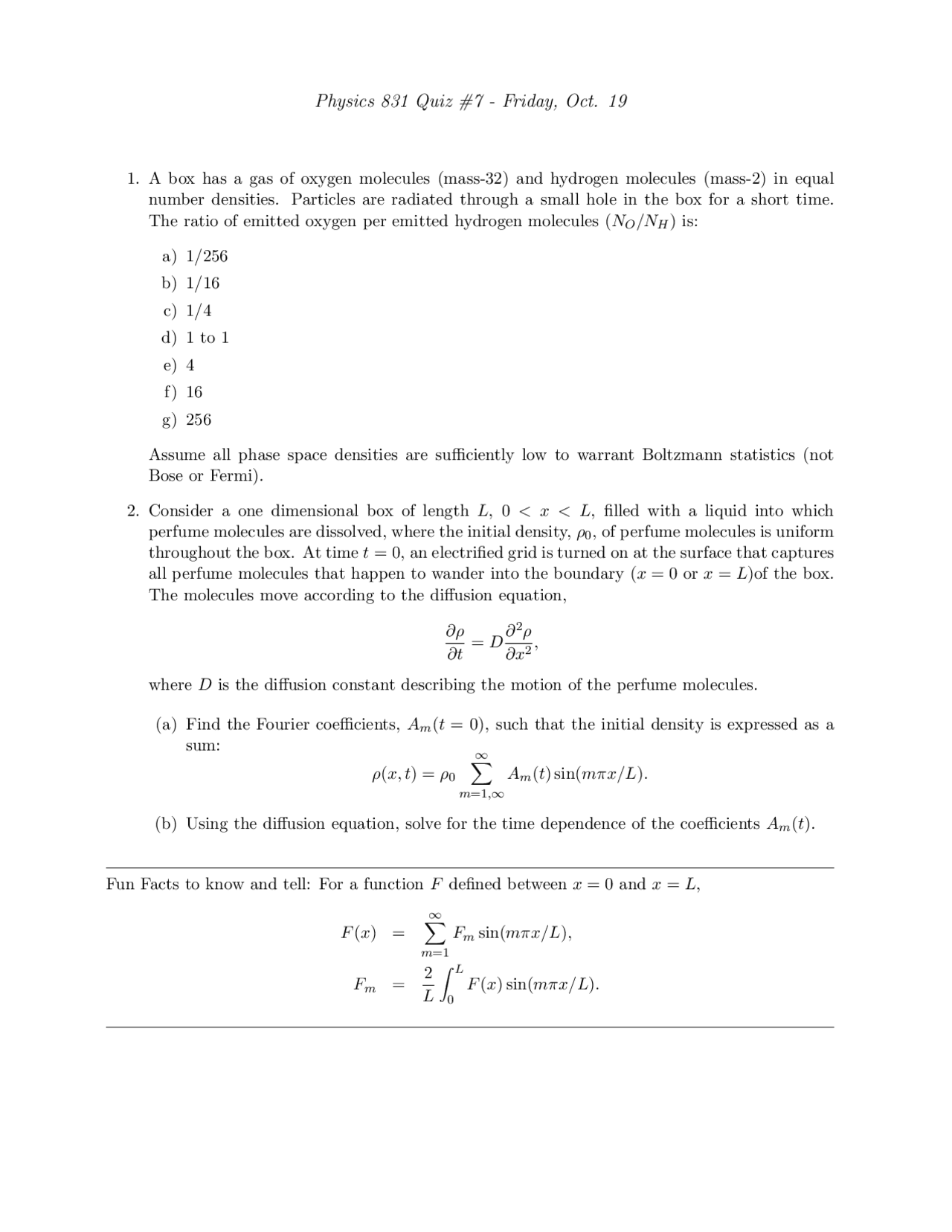 Quiz 6 with Solutions for Statistical Mechanics | PHY 831 - Docsity