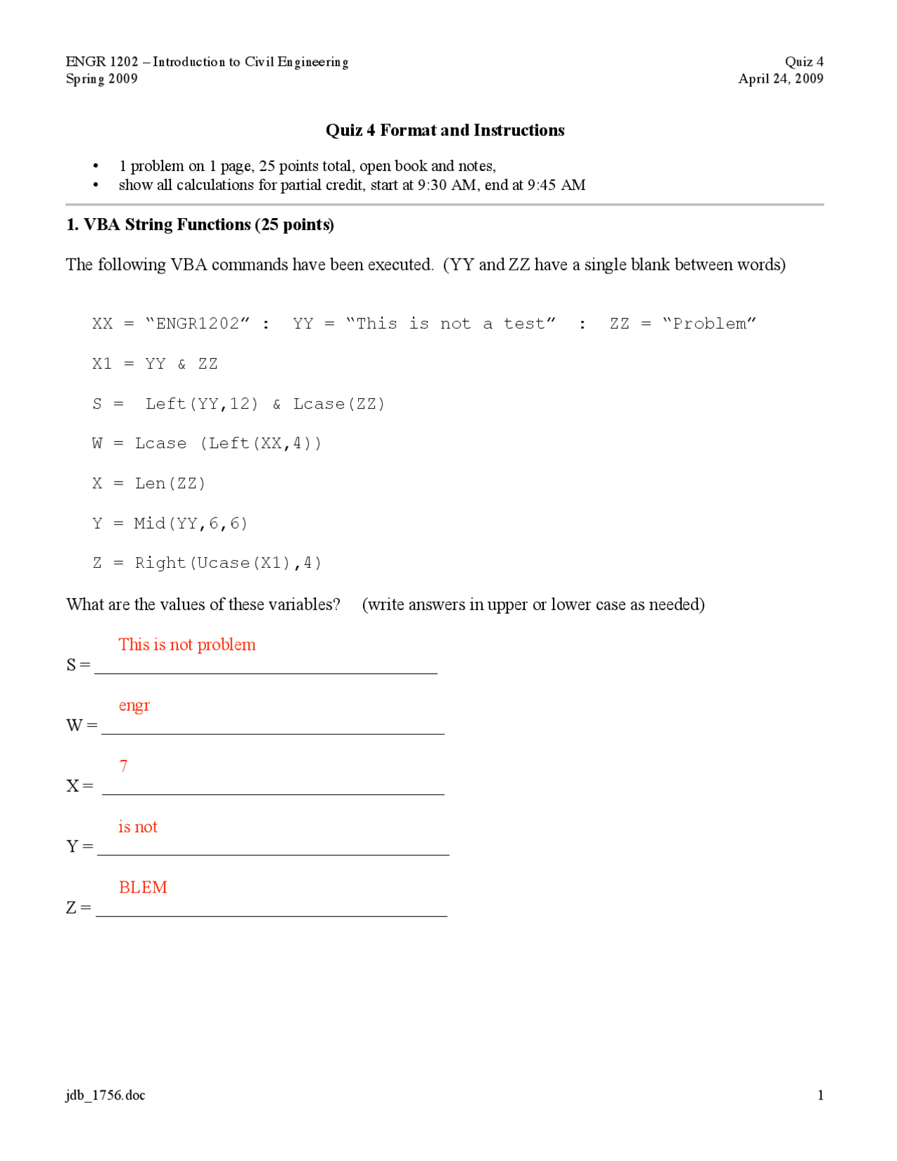 Quiz 4 Format and Instruction - Computer Engineering | ENGR 1202 - Docsity