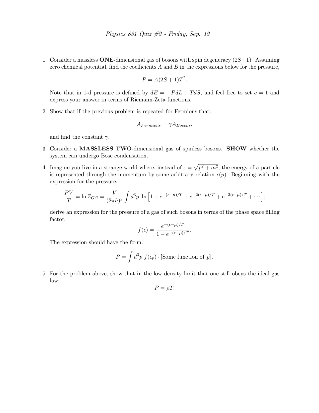Solved Quiz 2 for Statistical Mechanics | PHY 831 - Docsity