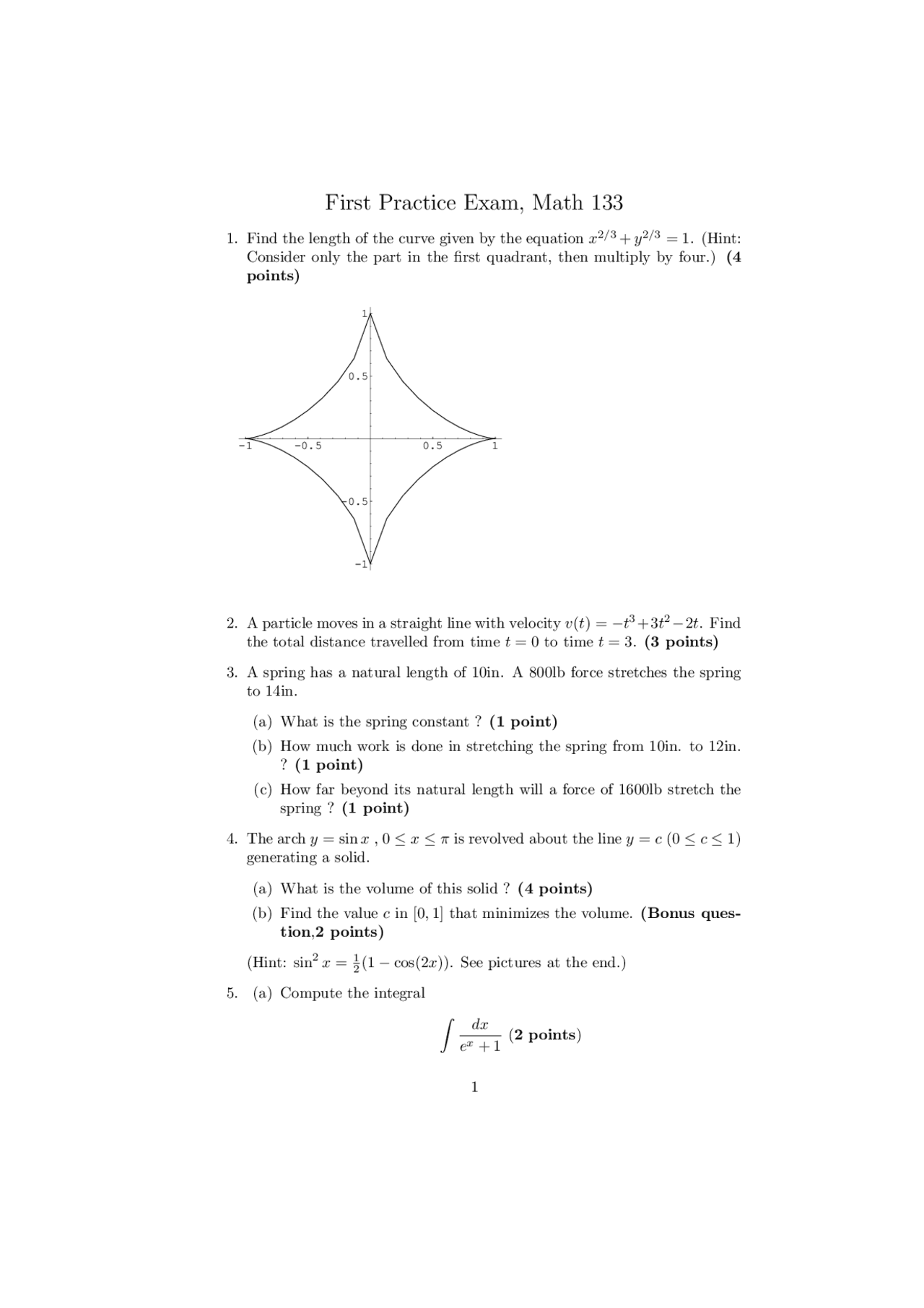 Practice Exam 1 With Resolution Calculus Ii Mth 133 Docsity