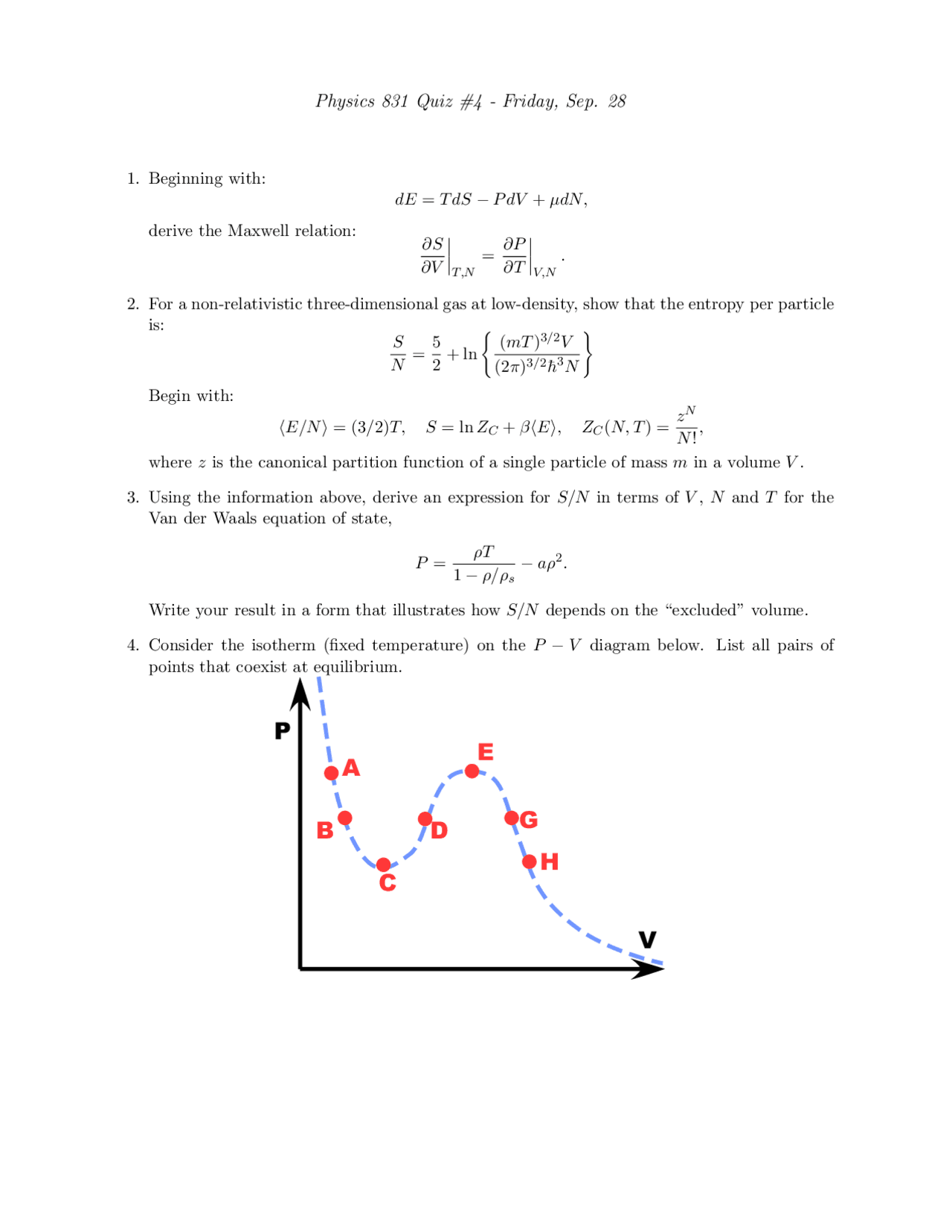 Sample Quiz 4 Questions - Statistical Mechanics | PHY 831 - Docsity