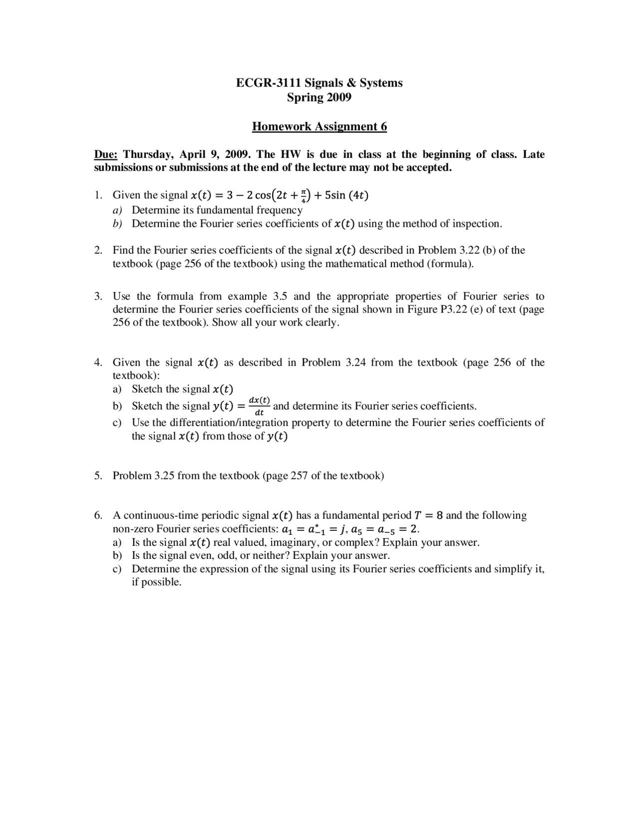 Homework Assignment 6 Signals And Systems Ecgr 3111 Docsity