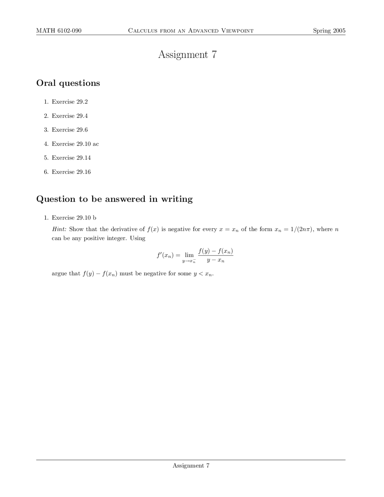 Assignment 7 Calculus From An Advanced Viewpoint Math 6102 Docsity